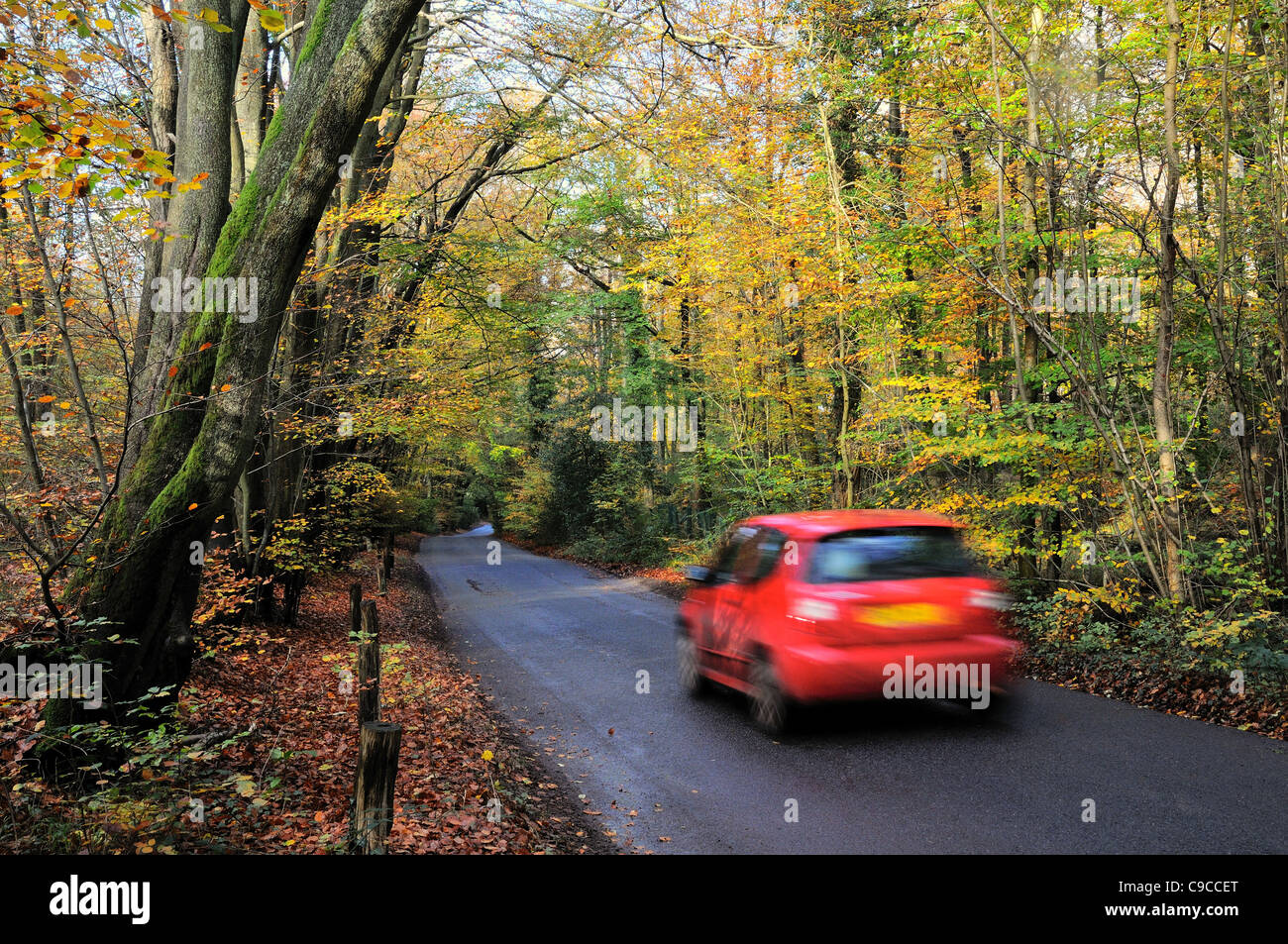 Red speeding car on country road Stock Photo - Alamy