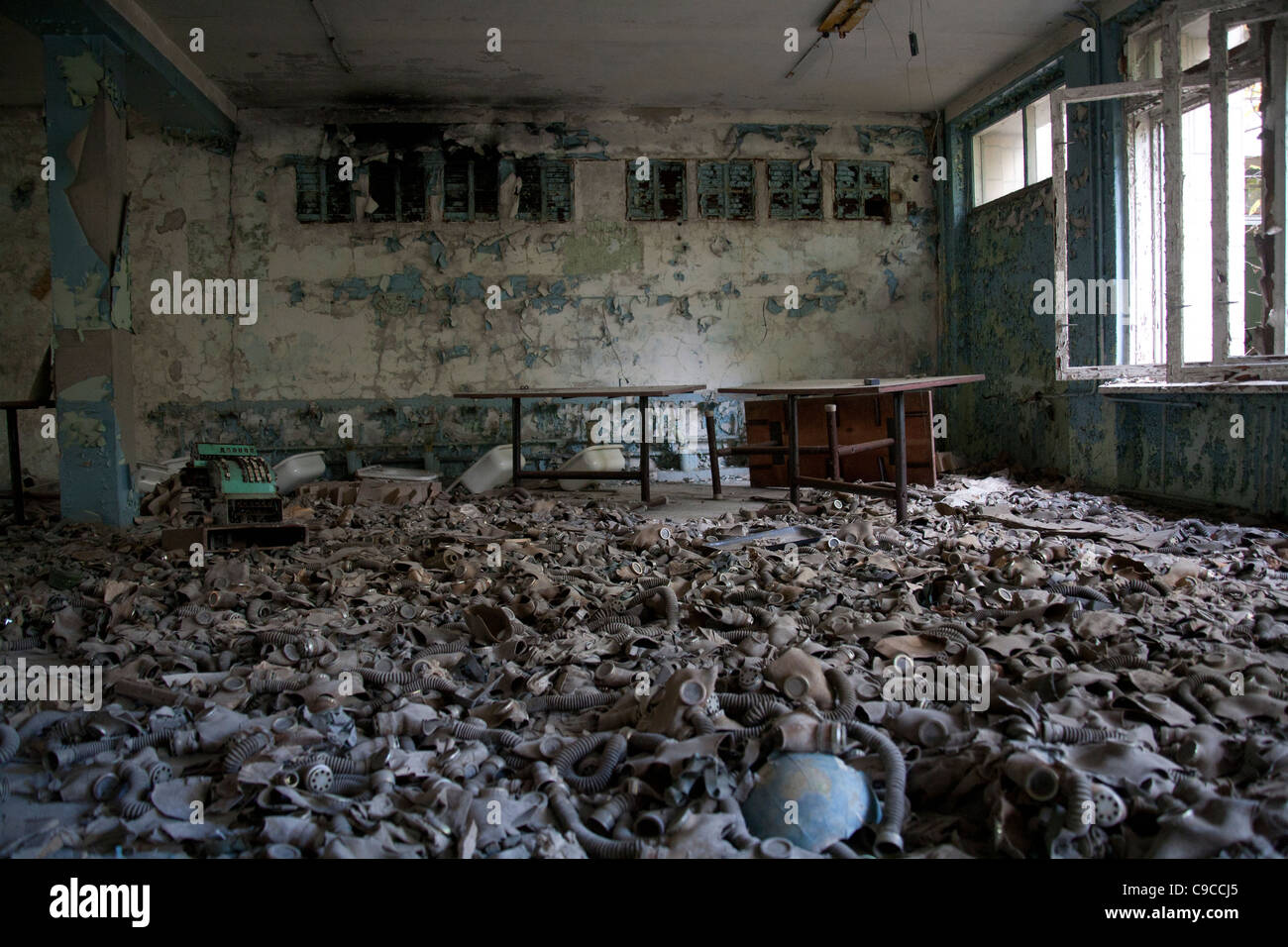 A pile of gas masks abandoned in a classroom in Pripyat Middle School ...