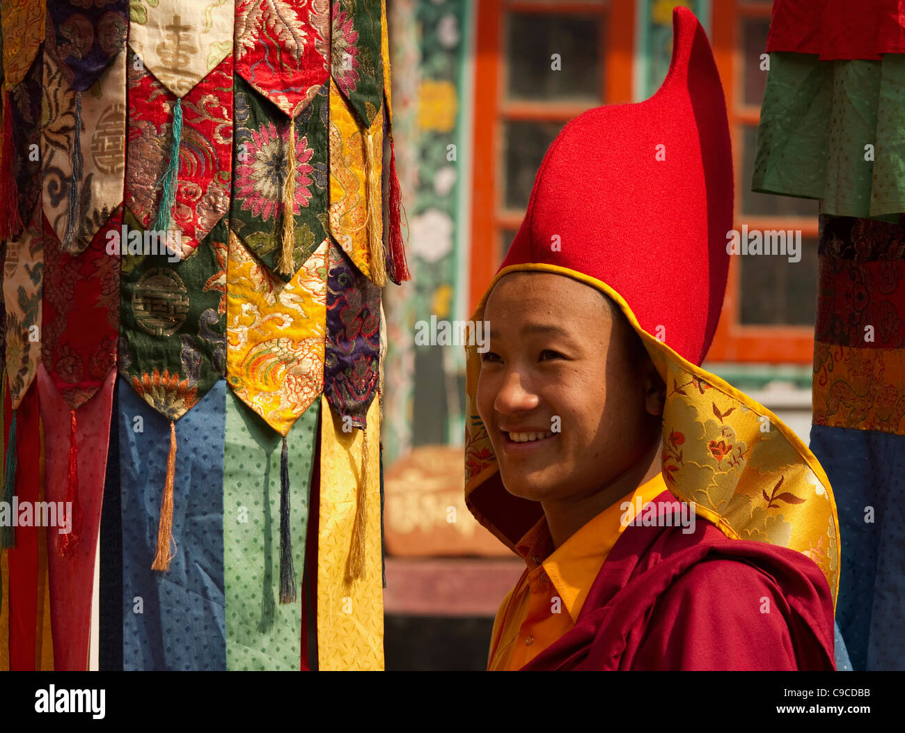 India, South Asia, Sikkim, Buddhist monk in a Losar ceremonial ...