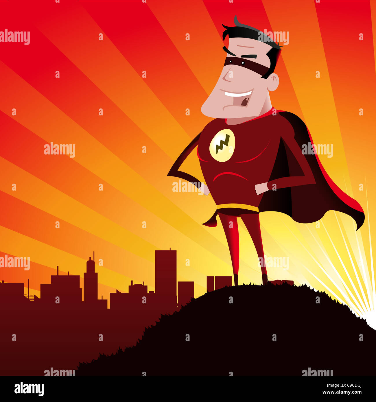 Illustration of a cartoon super hero standing proudly on the outskirts ...