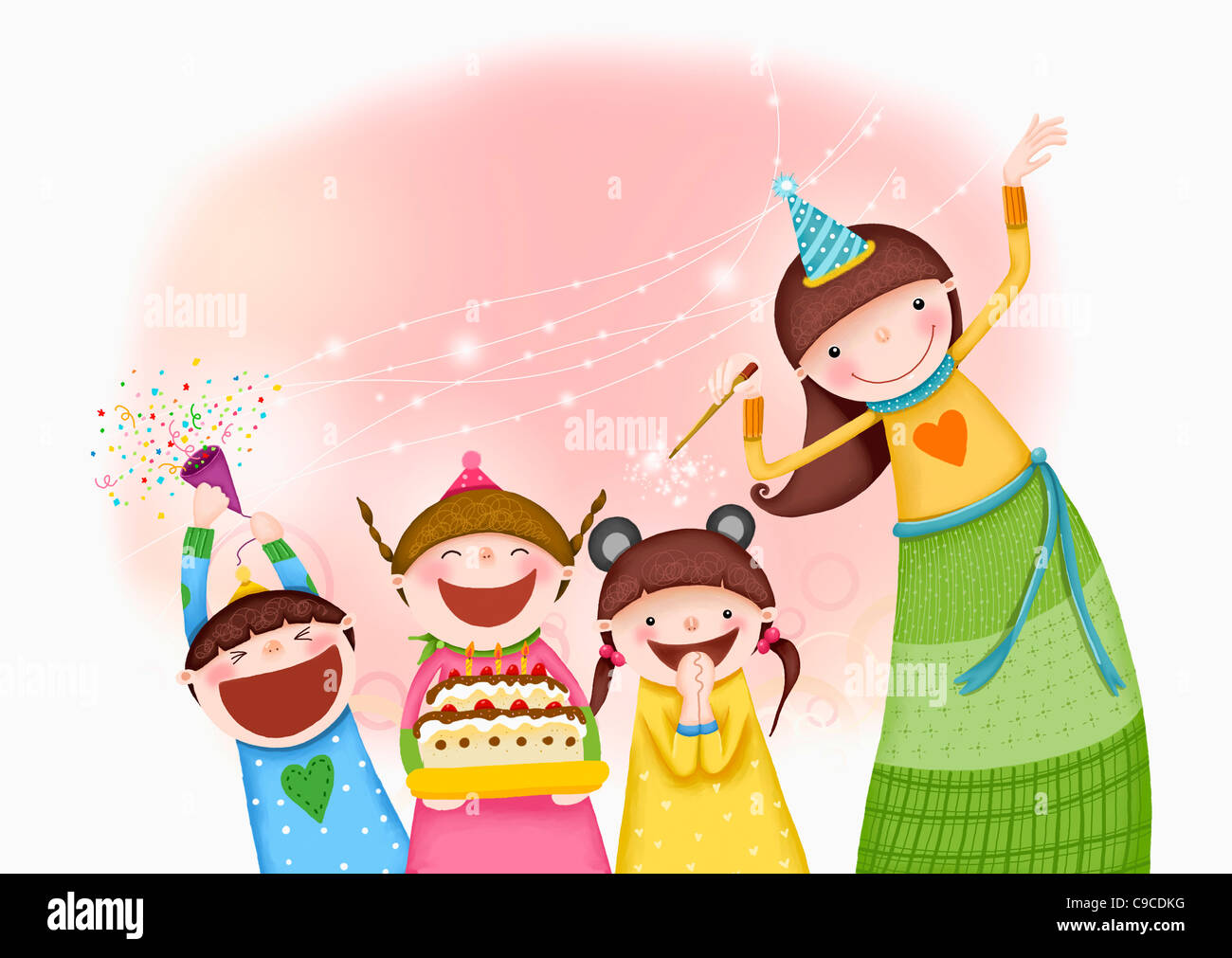 Girl and kids with cake Stock Photo - Alamy