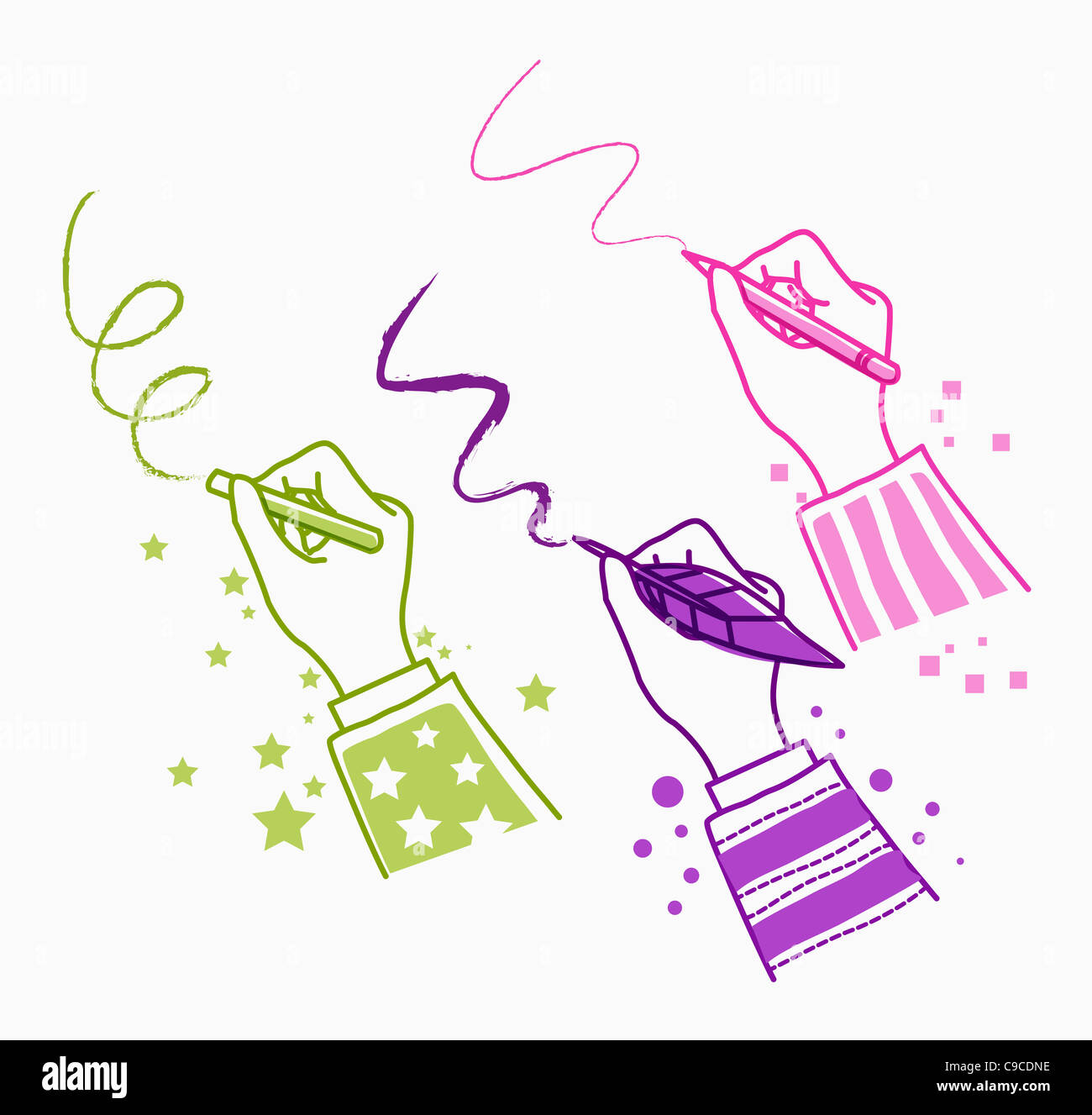 Three hands with different writing tools Stock Photo - Alamy