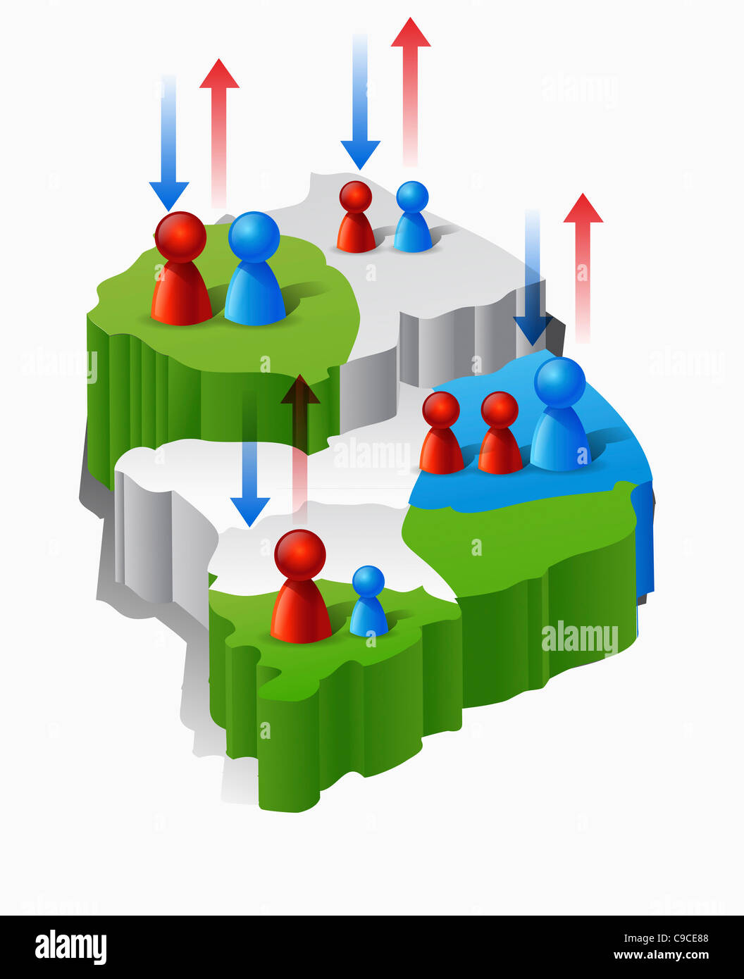 People icons with red and blue arrows on the map Stock Photo - Alamy