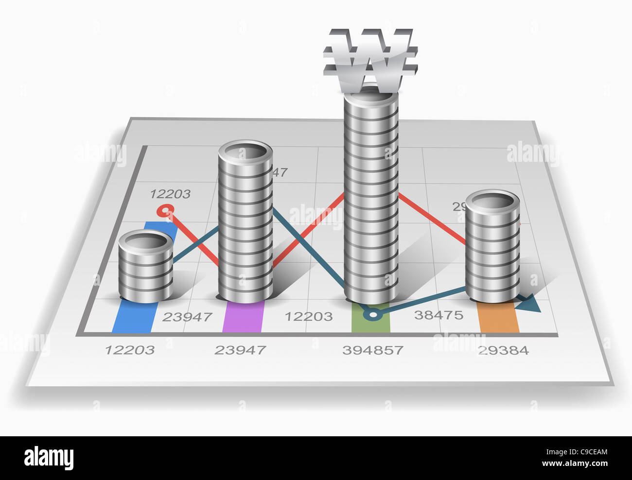 Bar and a line graph with coins Stock Photo - Alamy