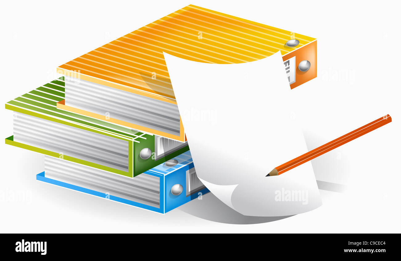Stacks of files and a pencil and paper Stock Photo - Alamy