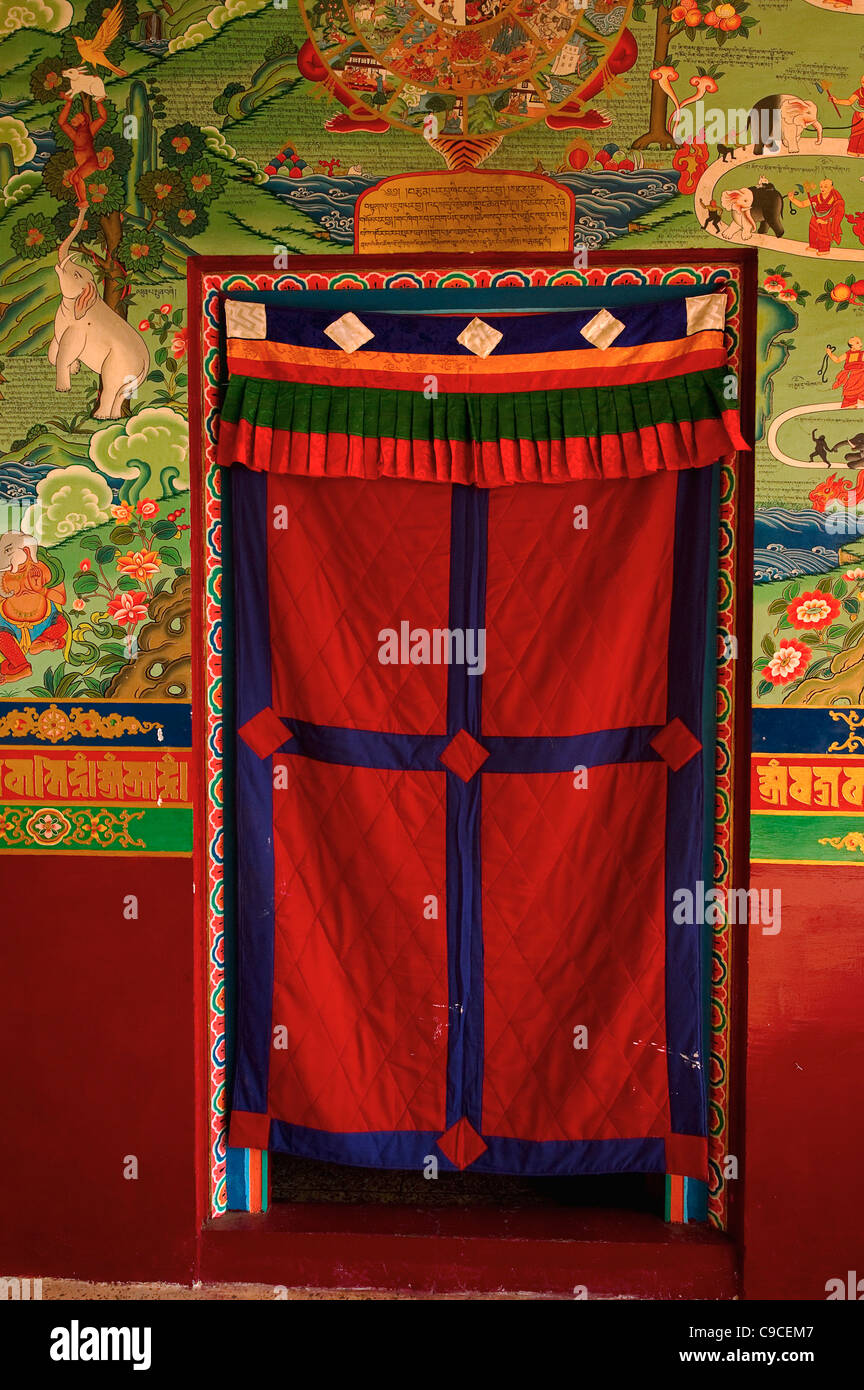 India, South Asia, Sikkim, Colourful hand crafted fabrics and entrance ...