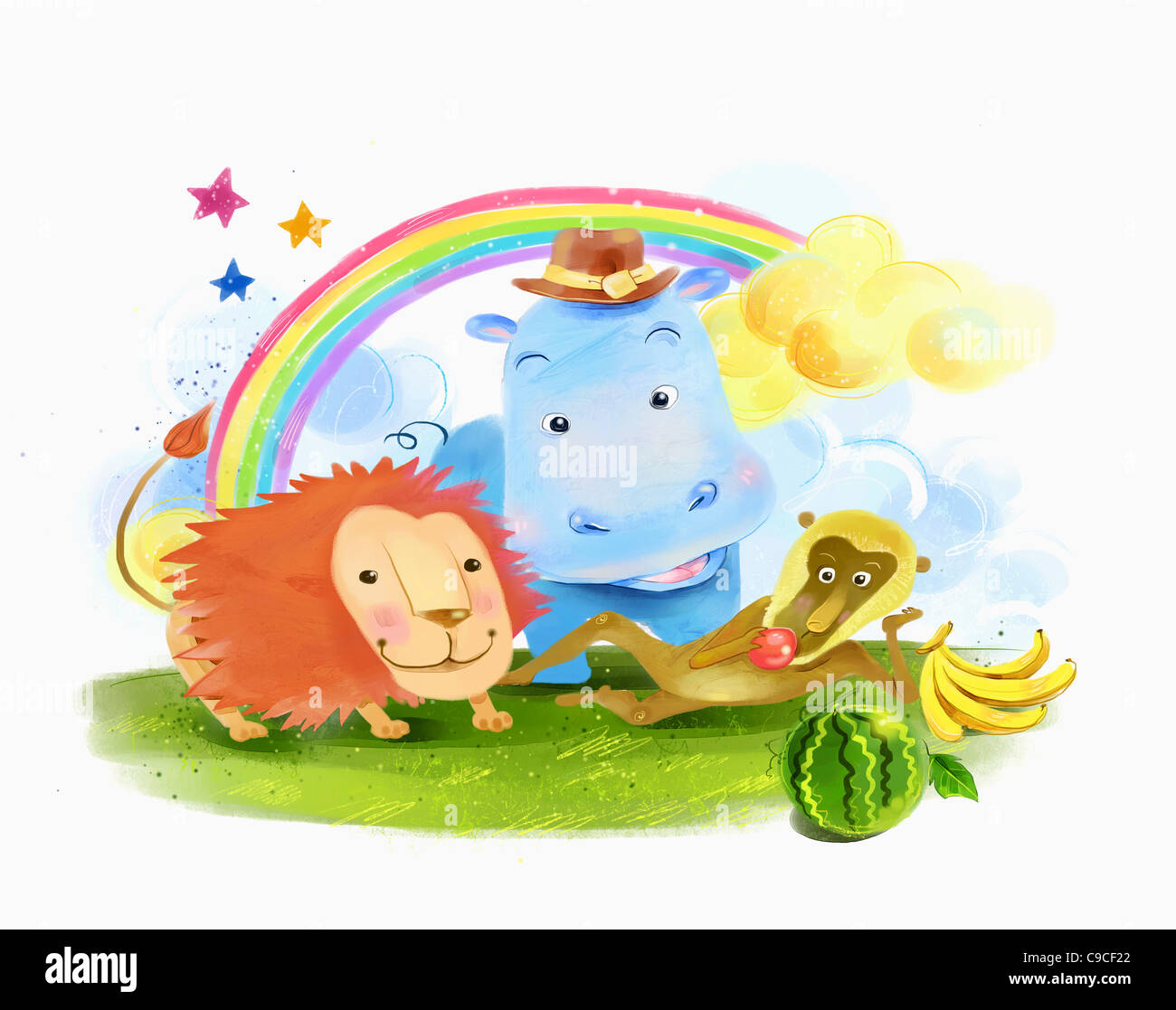 Illustration of various animals and fruits Stock Photo - Alamy