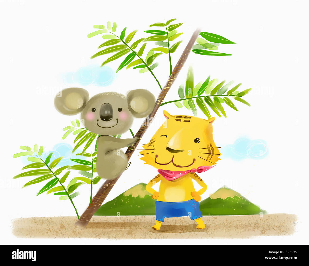 Illustration of various animals and a tree Stock Photo - Alamy