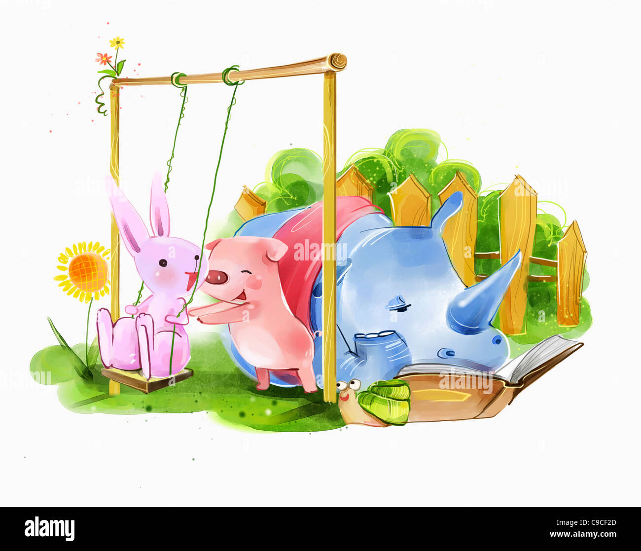 Illustration of various animals and a swing Stock Photo - Alamy