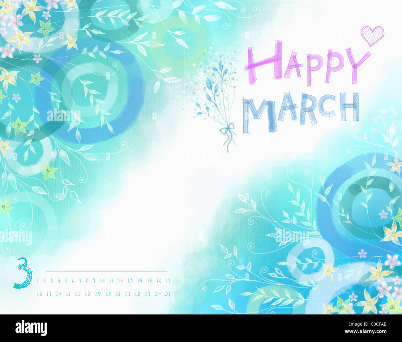 Calendar of Happy March with plants in blue Stock Photo - Alamy