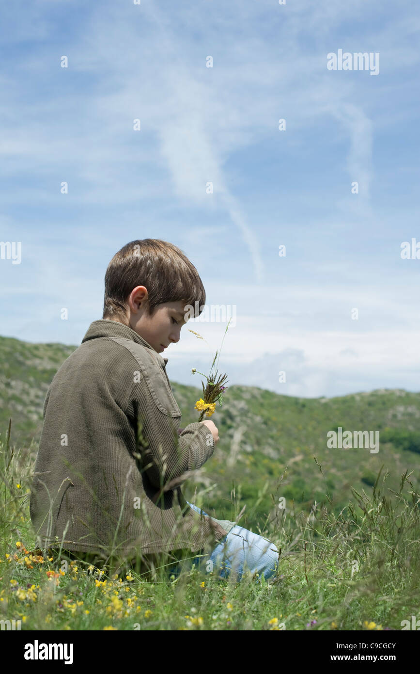 Boy kneeling on meadow with flowers in hand Stock Photo - Alamy