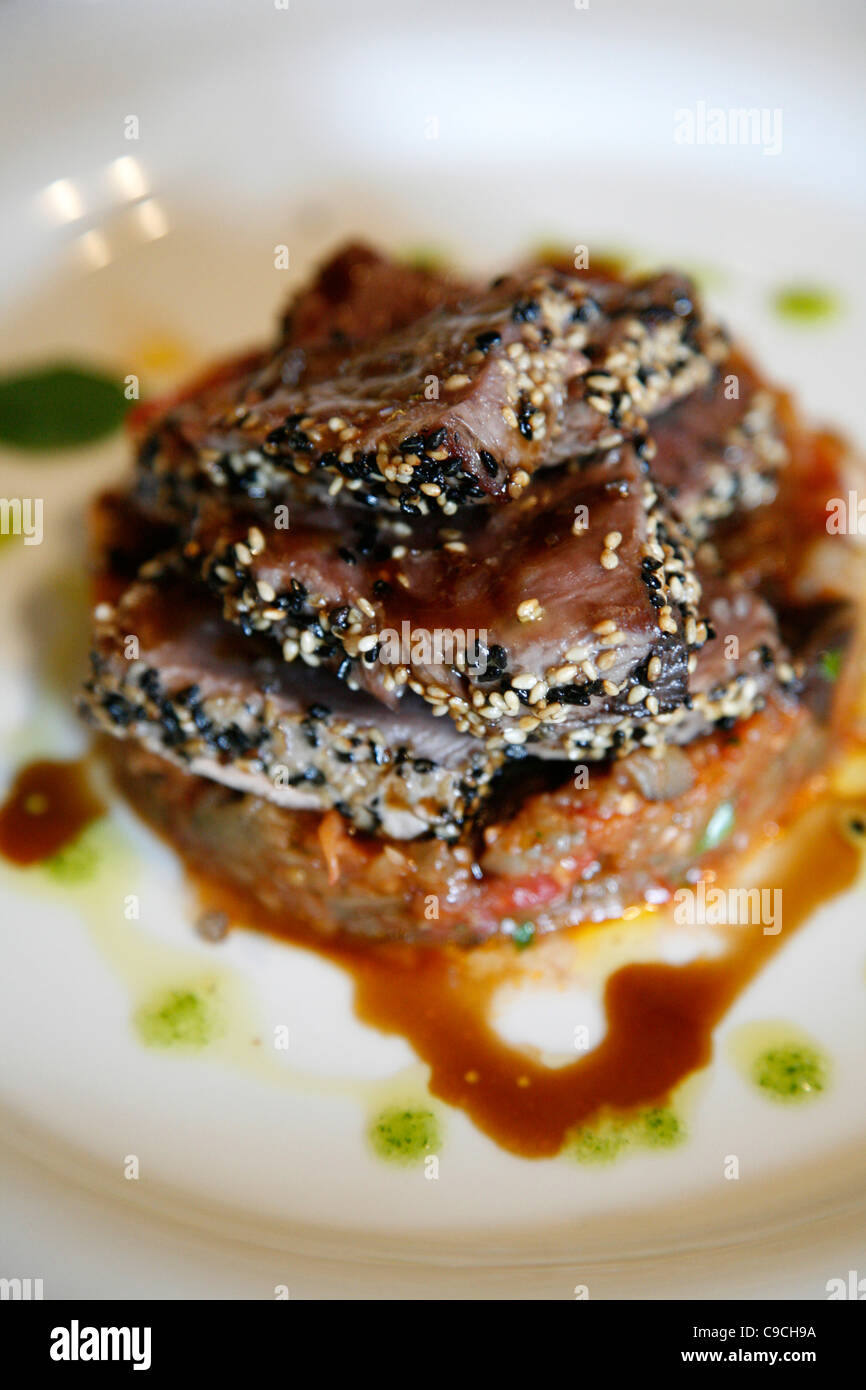 Tuna dish at The upmarket Luigi Pomata restaurant, Cagliari, Sardinia ...
