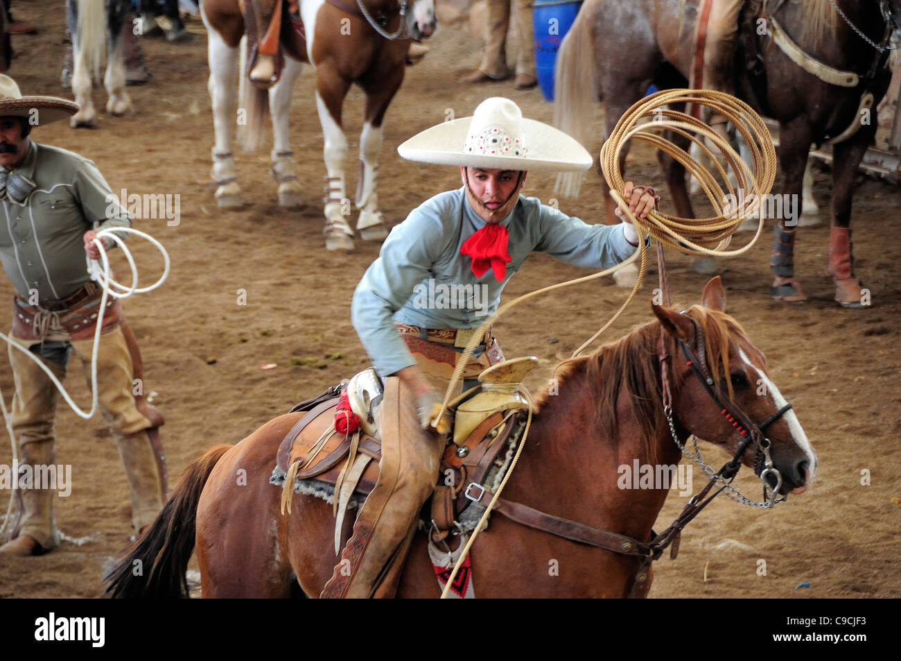 Mexico, Bajio, Zacatecas, Traditional horsemen or Charros competing in ...