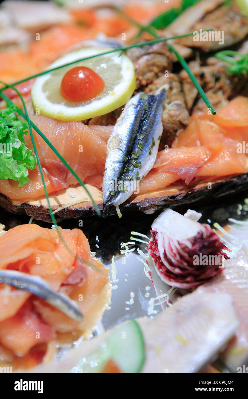 close-up of cold fish buffet at german wedding party germany europe ...