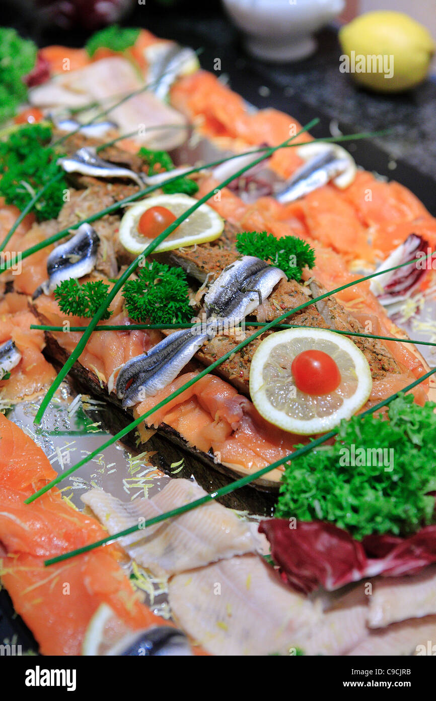 close-up of cold fish buffet at german wedding party germany europe ...