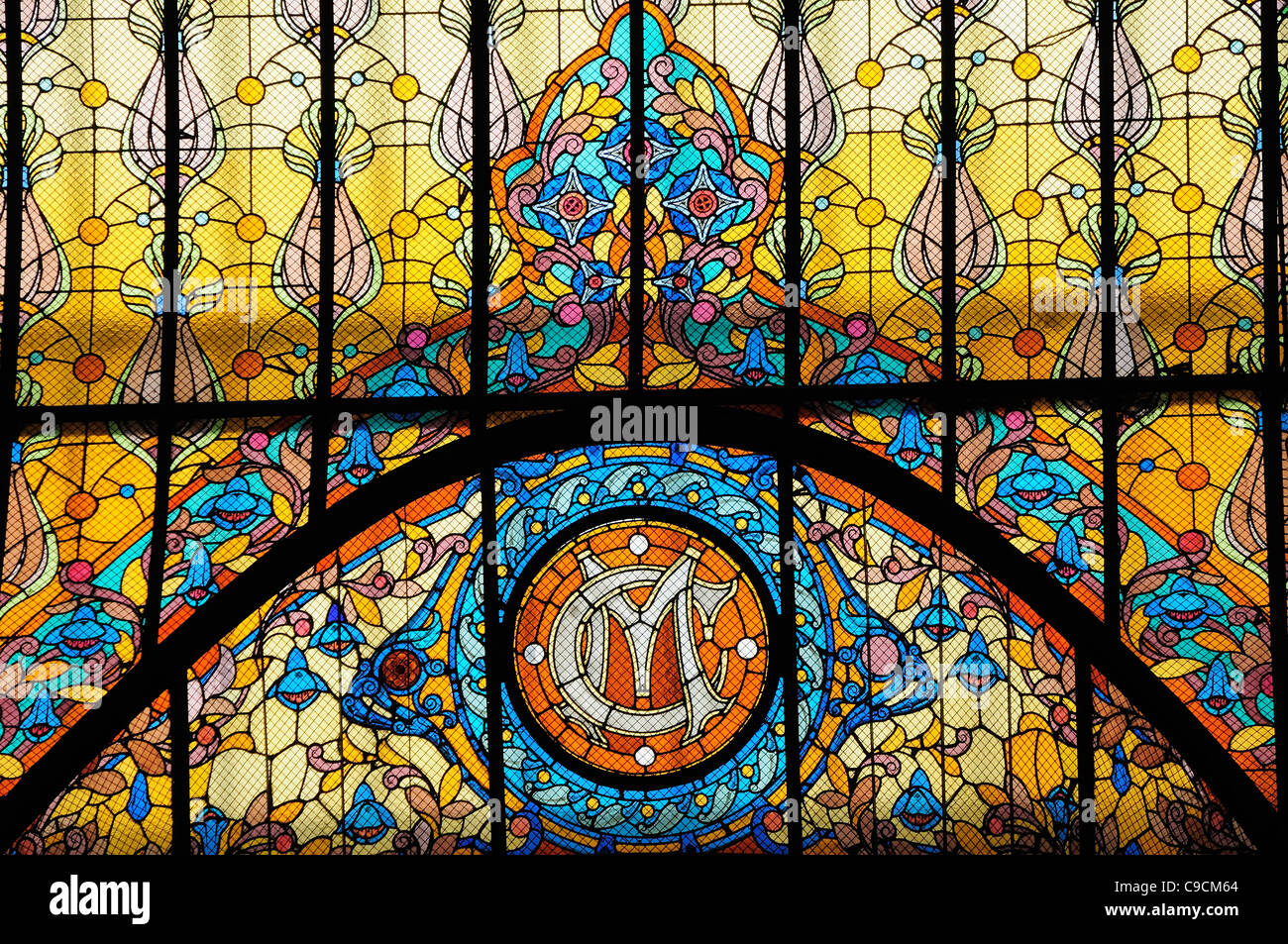 Mexico, Federal District, Mexico City, Detail of Tiffany stained glass ...