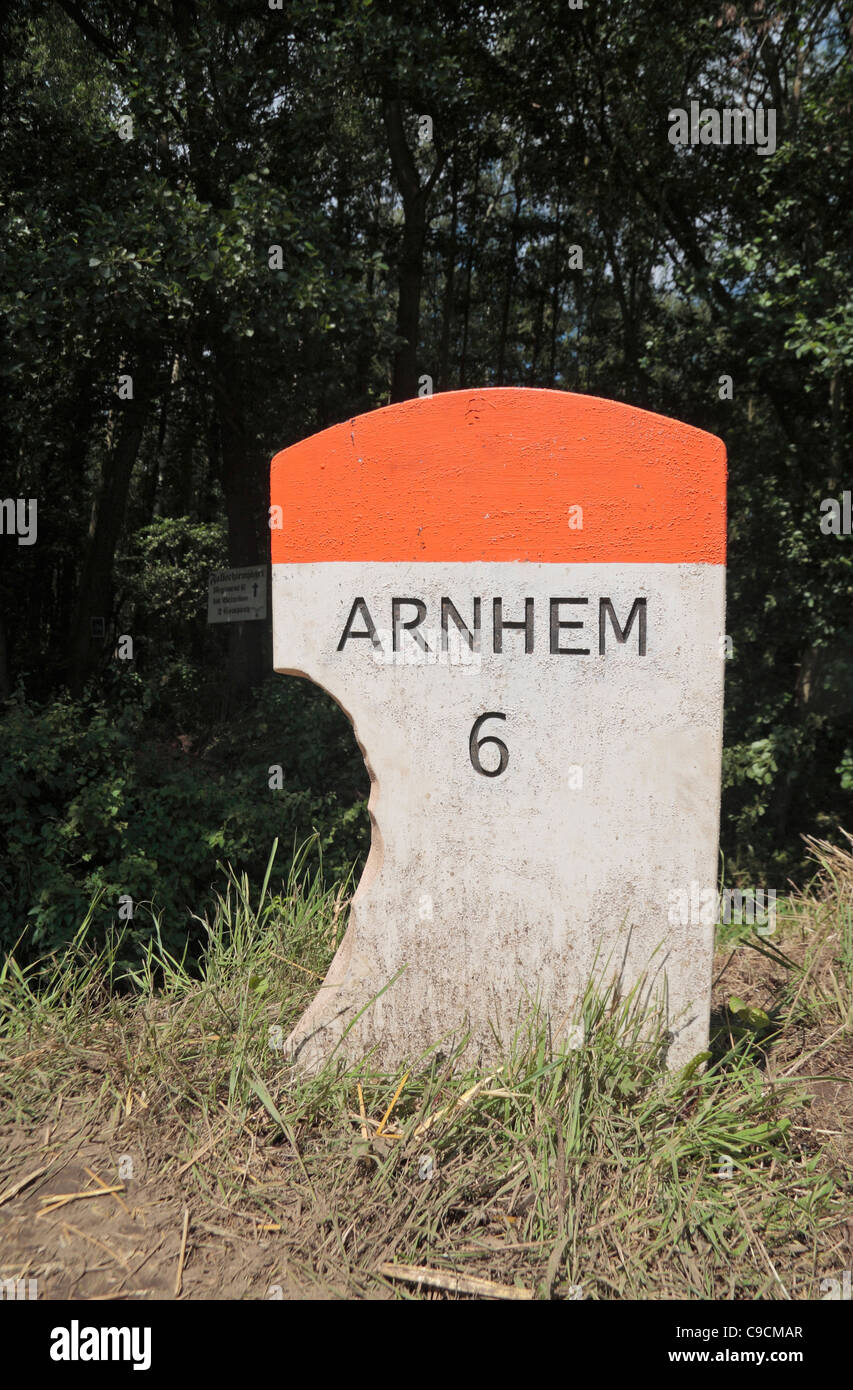 A reproduction 6km road sign for Arnhem, Netherlands at the 2011 War ...