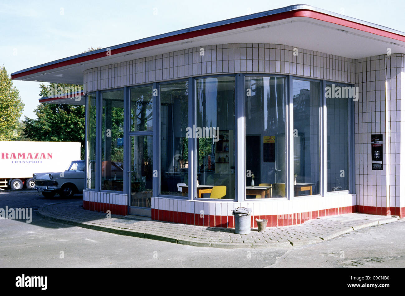 Vintage petrol station from the 1950s in the city of Hamburg in Germany ...