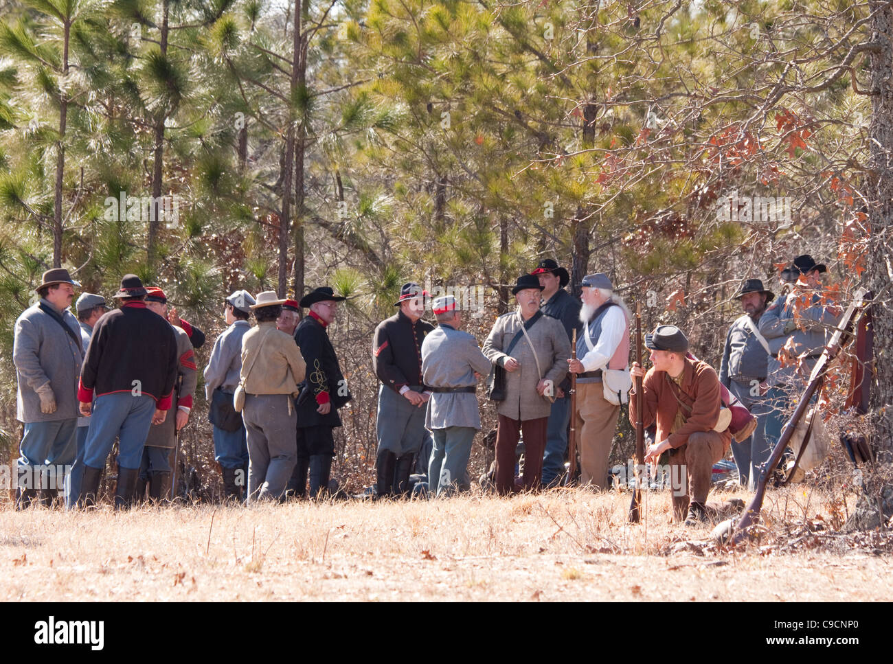 Soldiers preparing for battle at a civil war reenactment Stock Photo ...