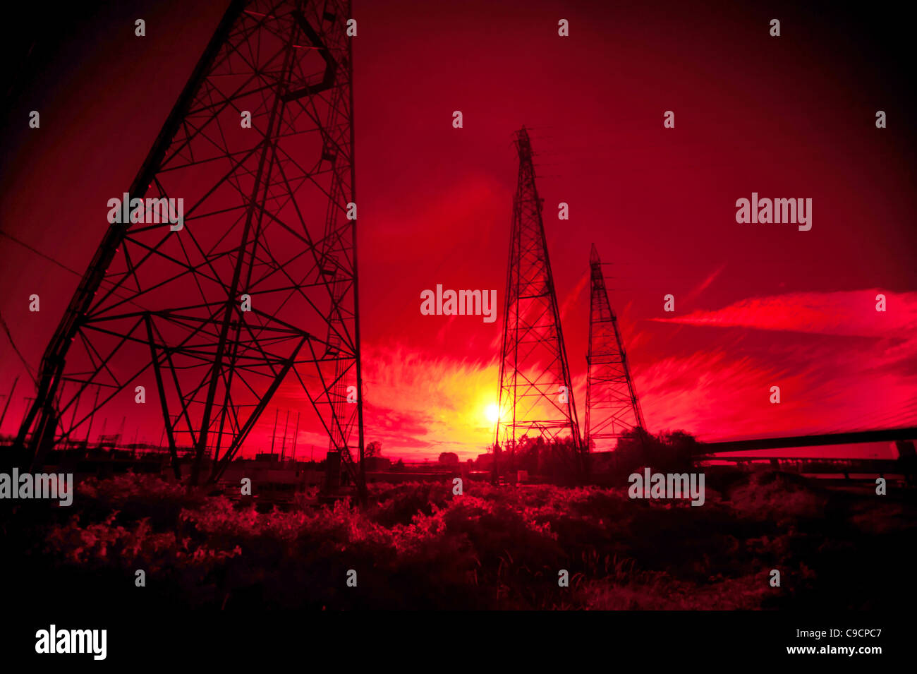 Pylon high voltage Power supply Red sun sunlight tree sky cloud cable ...