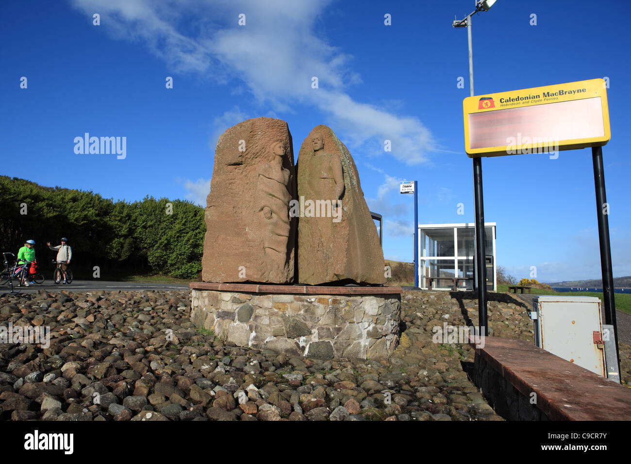 Historical stone figures at the Cumbrae slipway. St Maura and St Beya ...