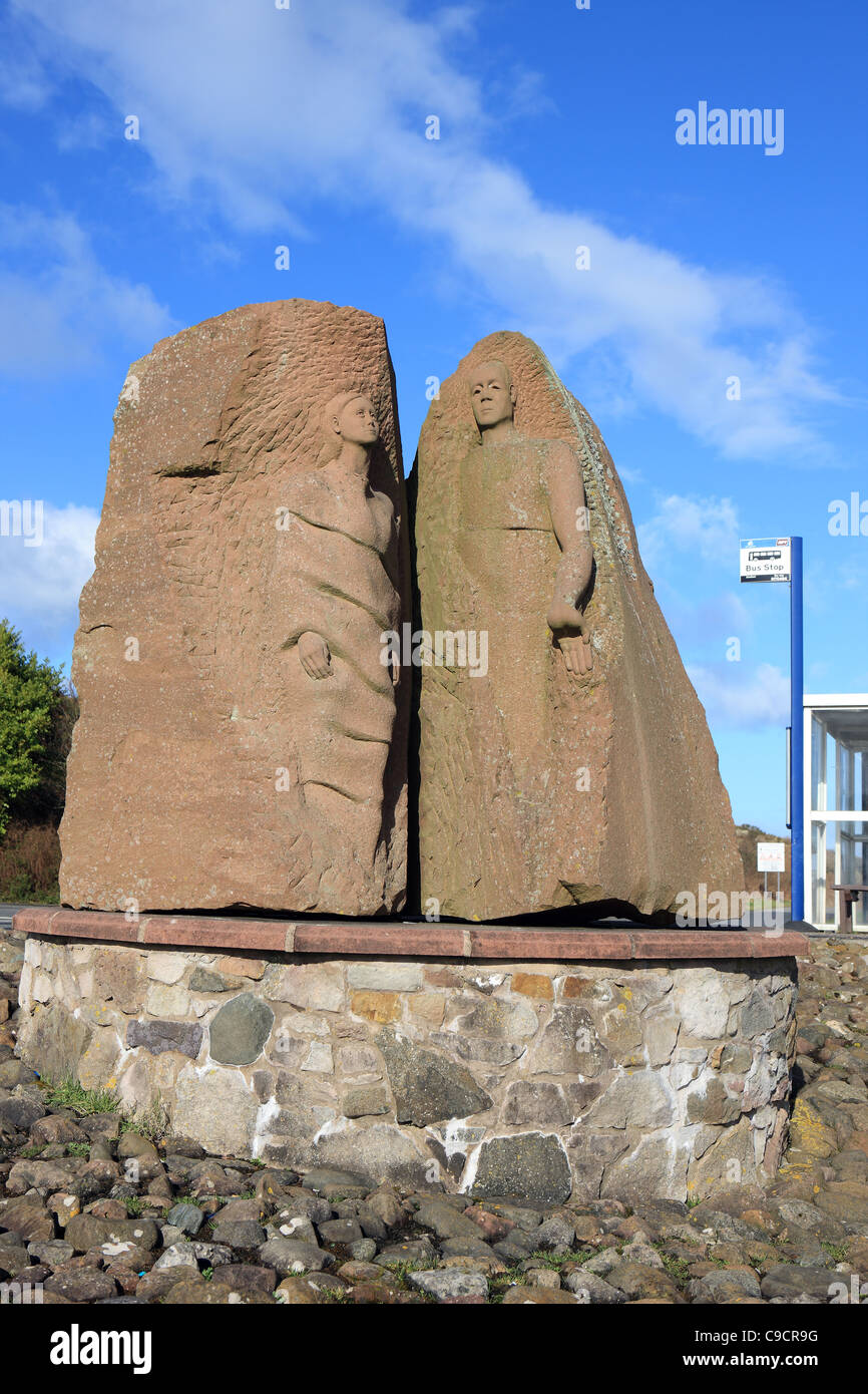 Historical stone figures at the Cumbrae slipway. St Maura and St Beya ...