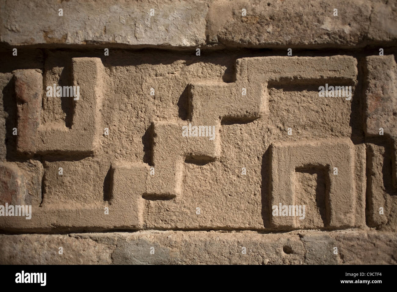Geometric designs decorate the Coatepantli or snakes wall at the ...