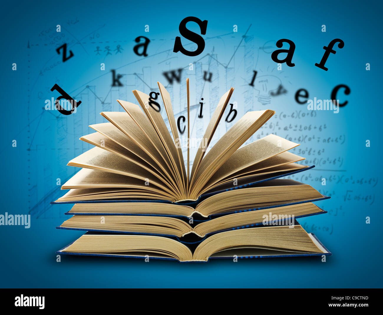 The Magic Book and the letters on a dark background with formula ...