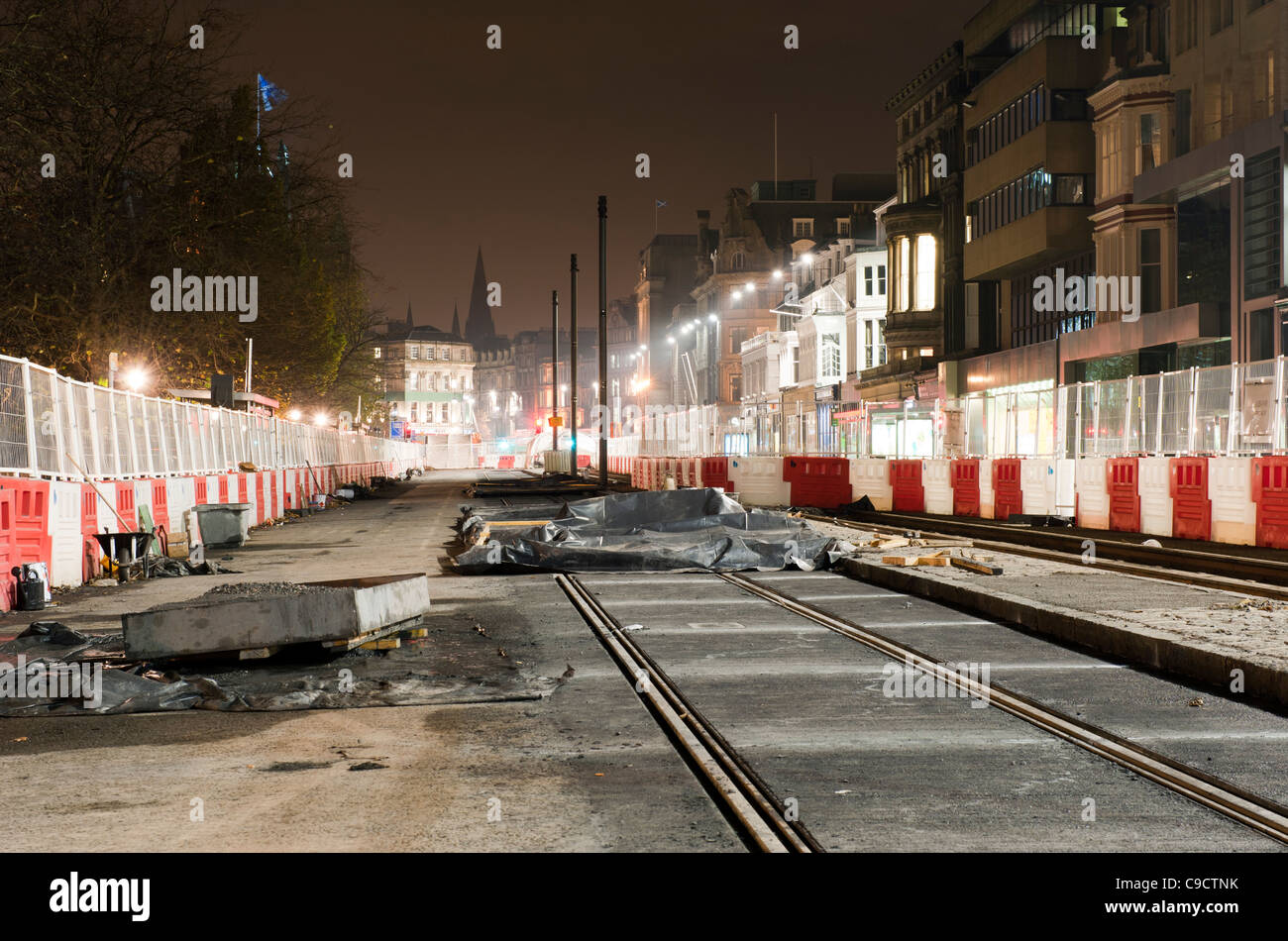 Construction work on Edinburgh's new tram system photographed at night ...