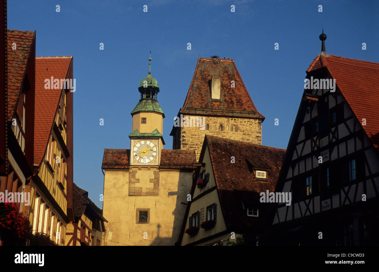 Germany, Rothenburg, clocktower and rooftops in the Marketplace Stock ...
