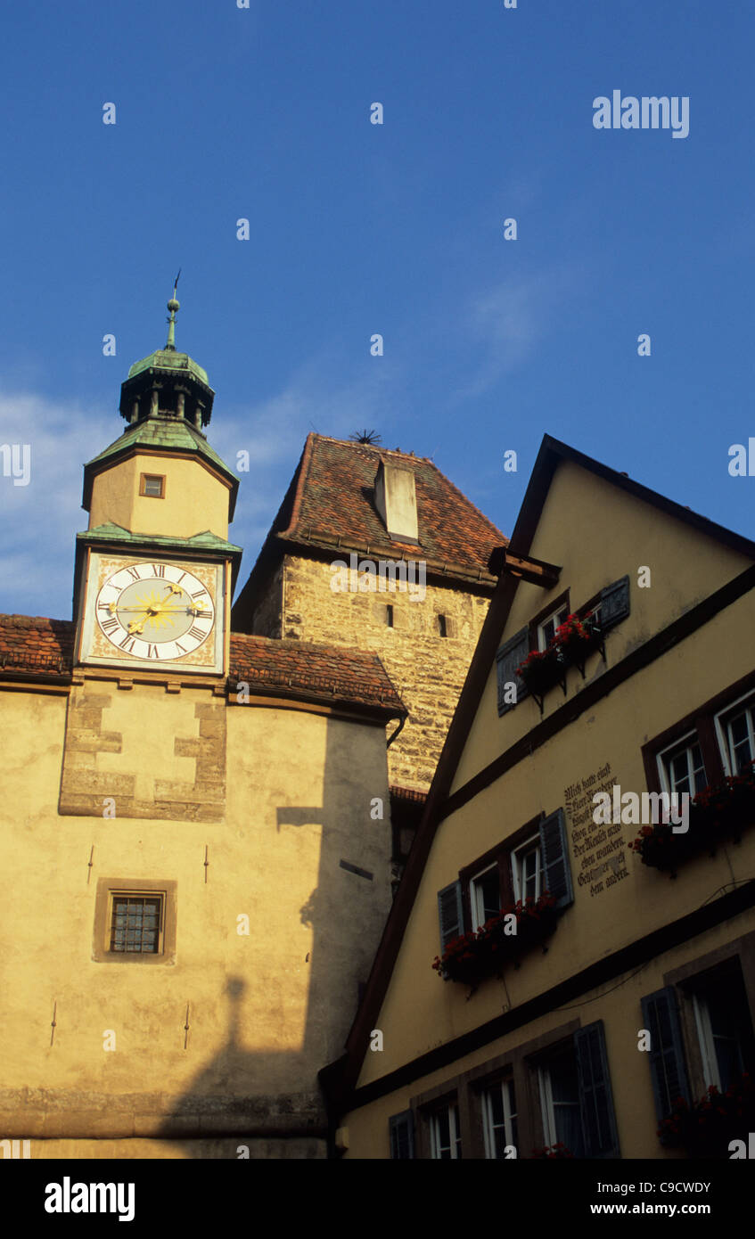 Traditional clock tower in the medieval town of Rothenburg's ...