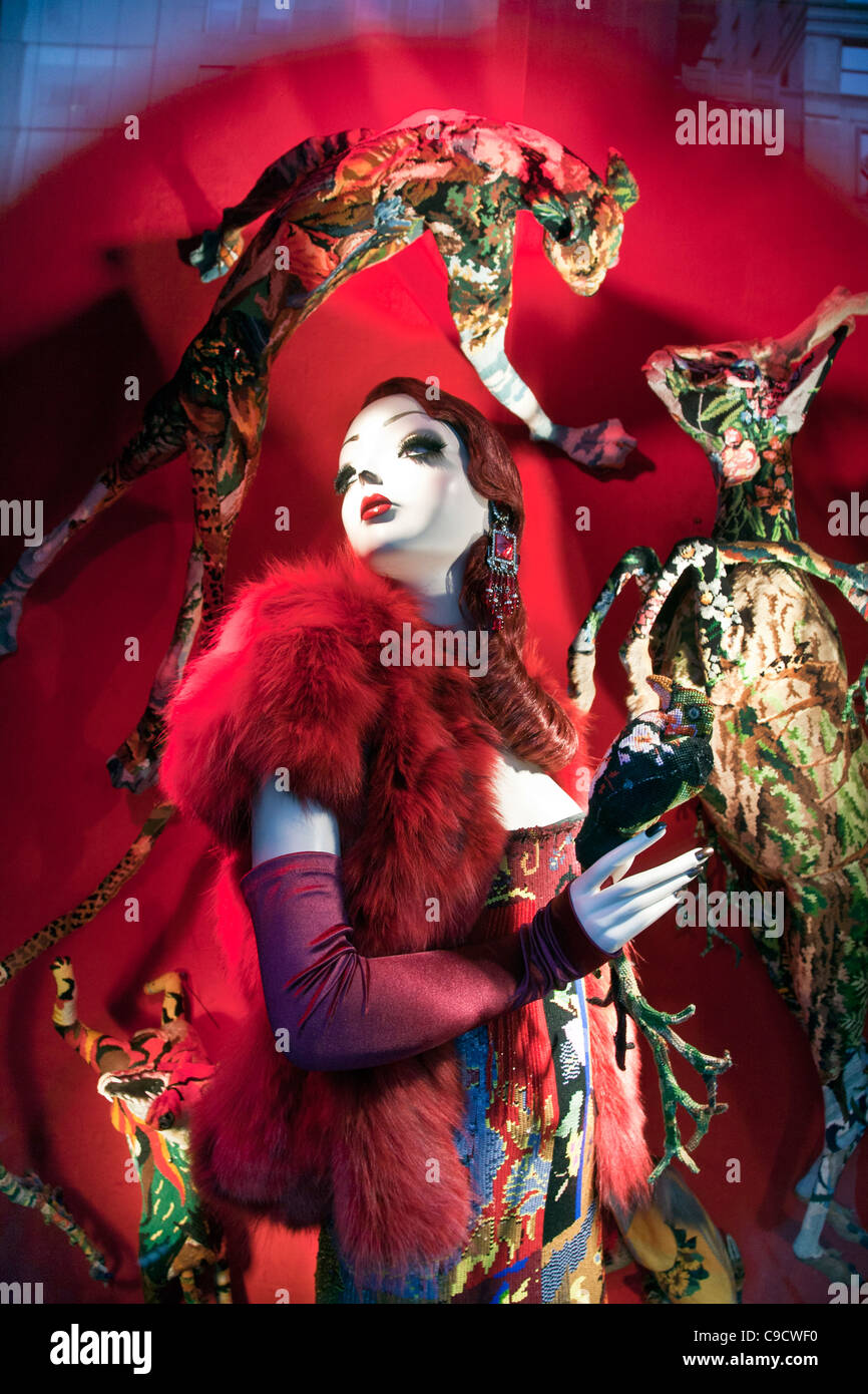 red haired mannequin wearing red fur & a fabulous patterned Miu Miu ...
