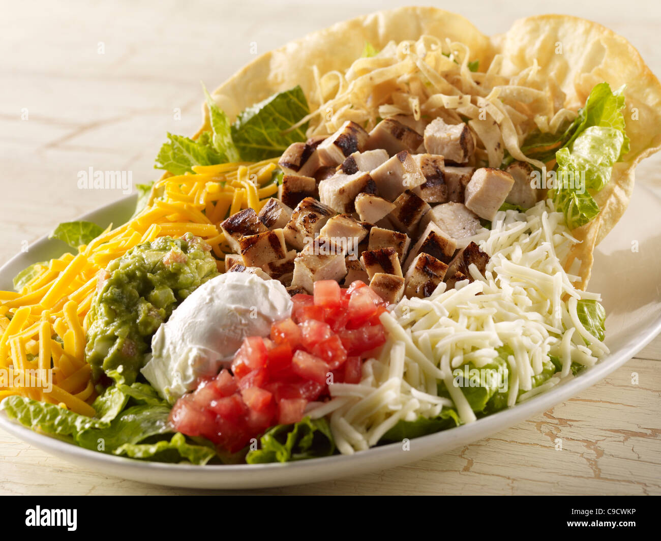 Tostada shell filled with grilled chicken, lettuce, tomato, cheese ...