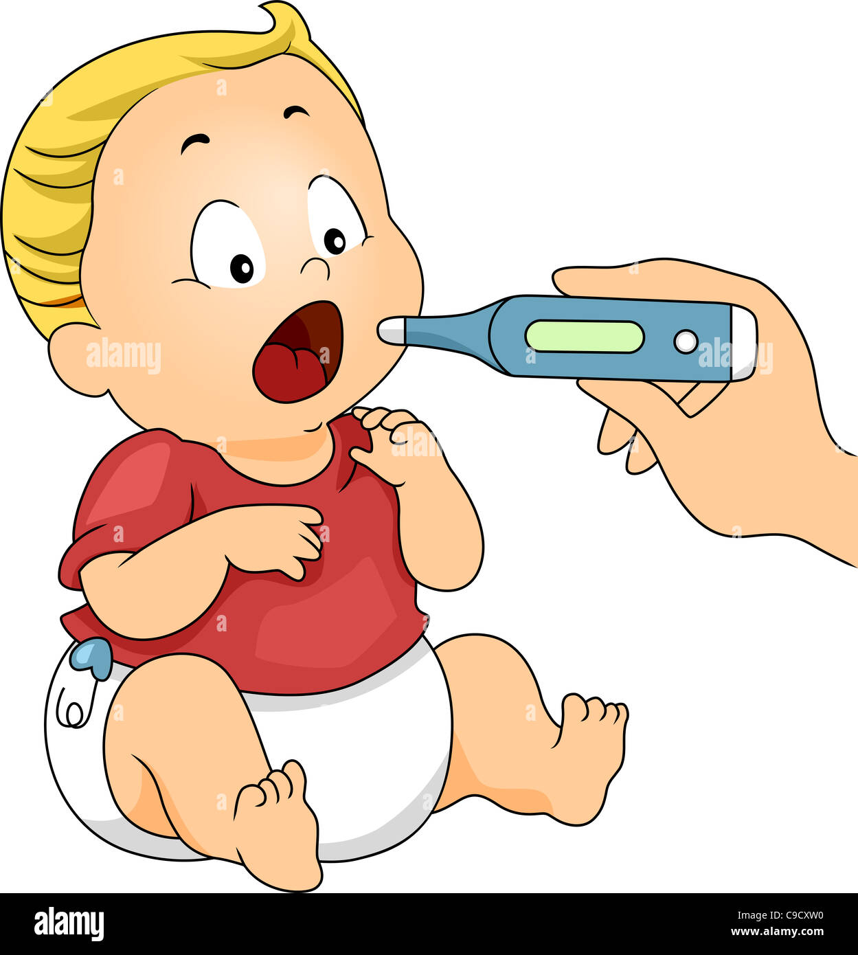 Illustration of a Baby with His Temperature Being Taken Stock Photo - Alamy