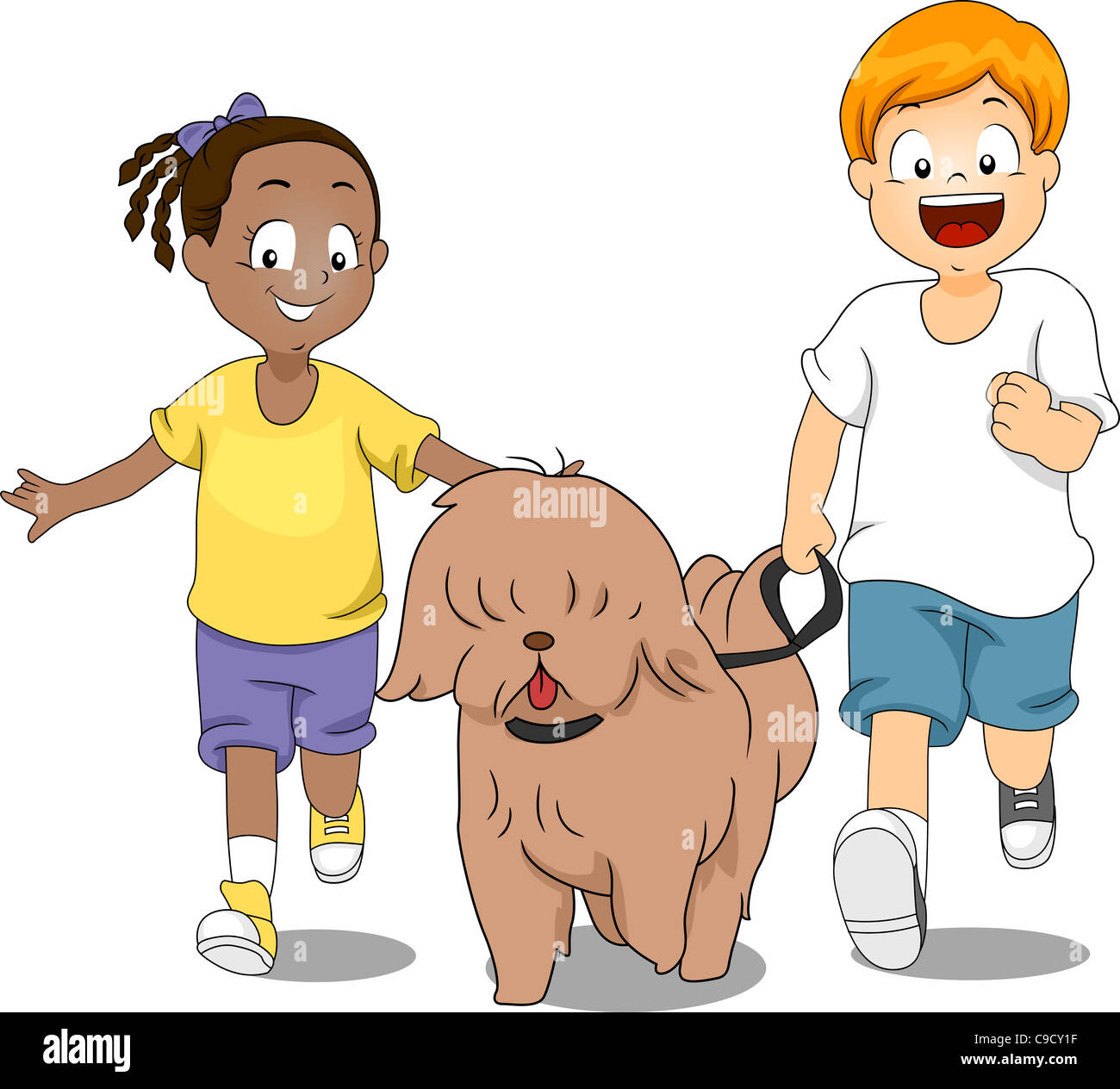 Illustration of Kids Taking Their Dog for a Run Stock Photo - Alamy