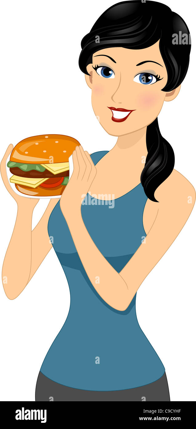 Illustration of a Girl About to Eat a Burger Stock Photo - Alamy