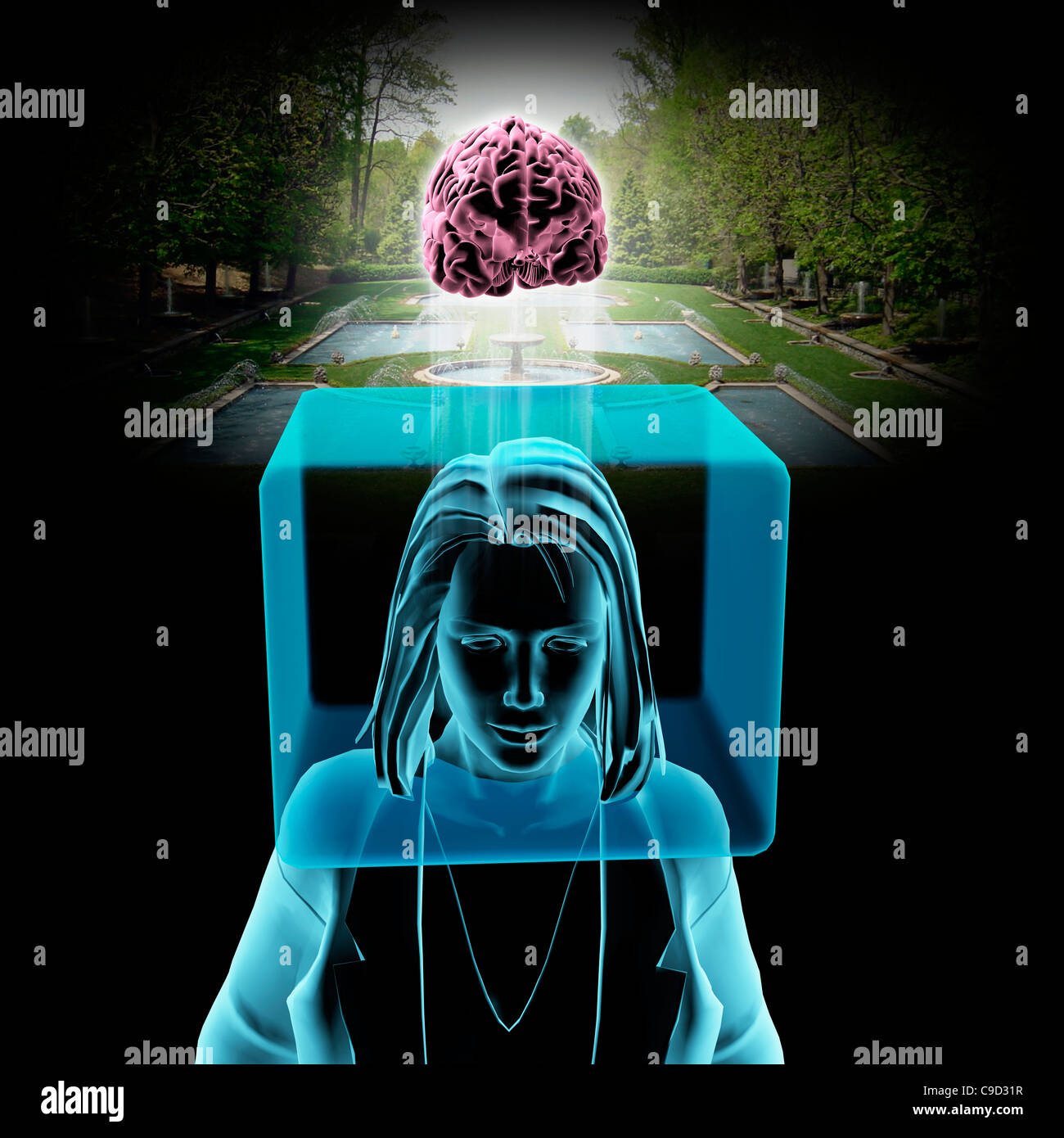 Thinking Outside The Box - Digital image of woman with head in box and ...