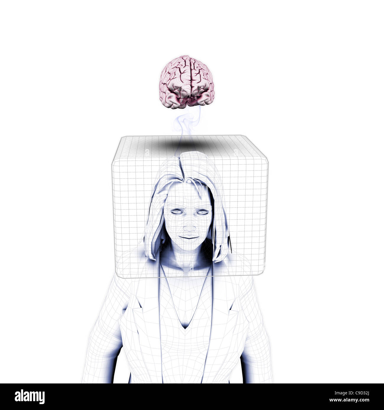 Blue man with head inside box with brain is outside box in clouds above ...