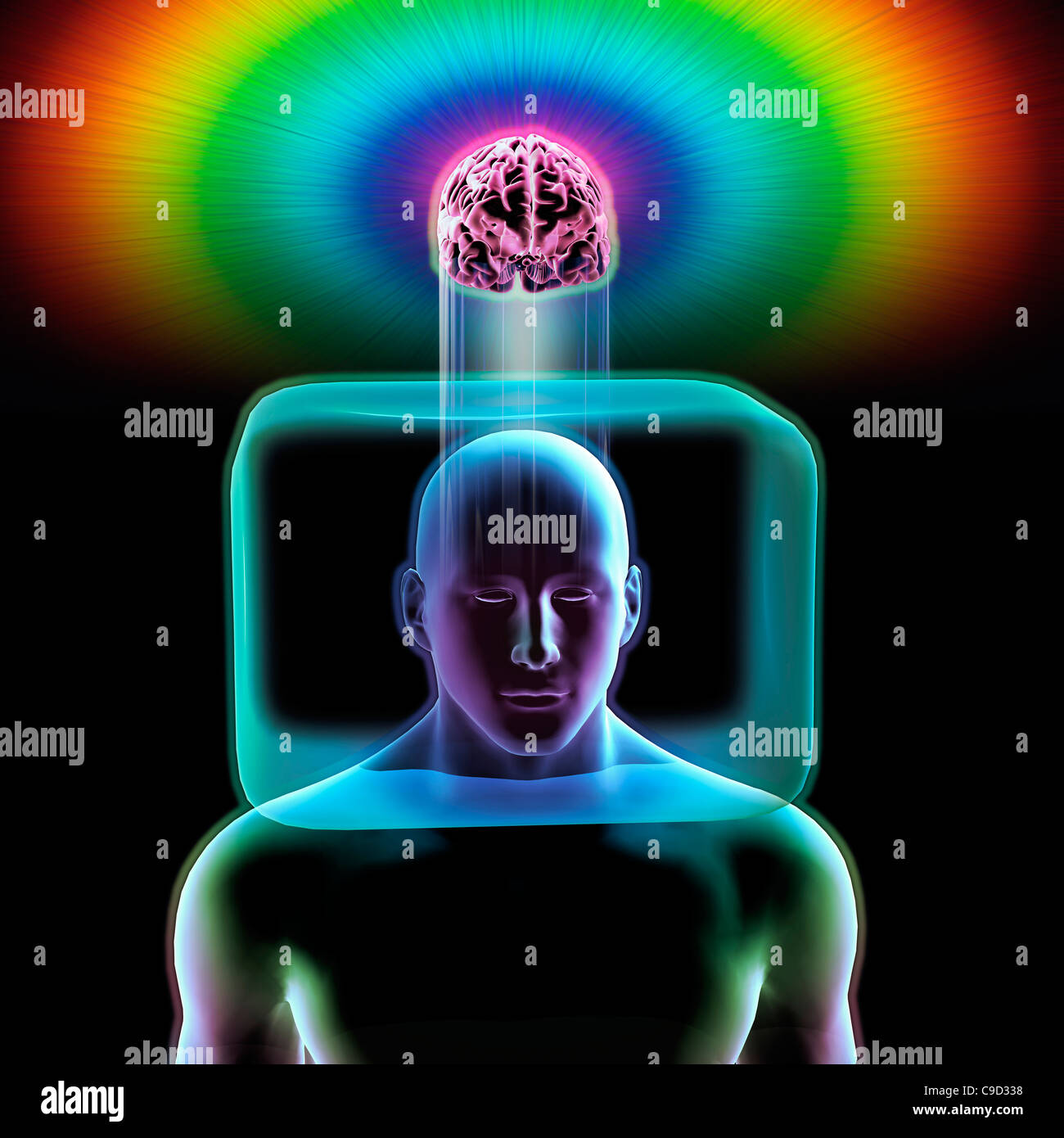 Blue man with head inside box with brain is outside box, and bright ...