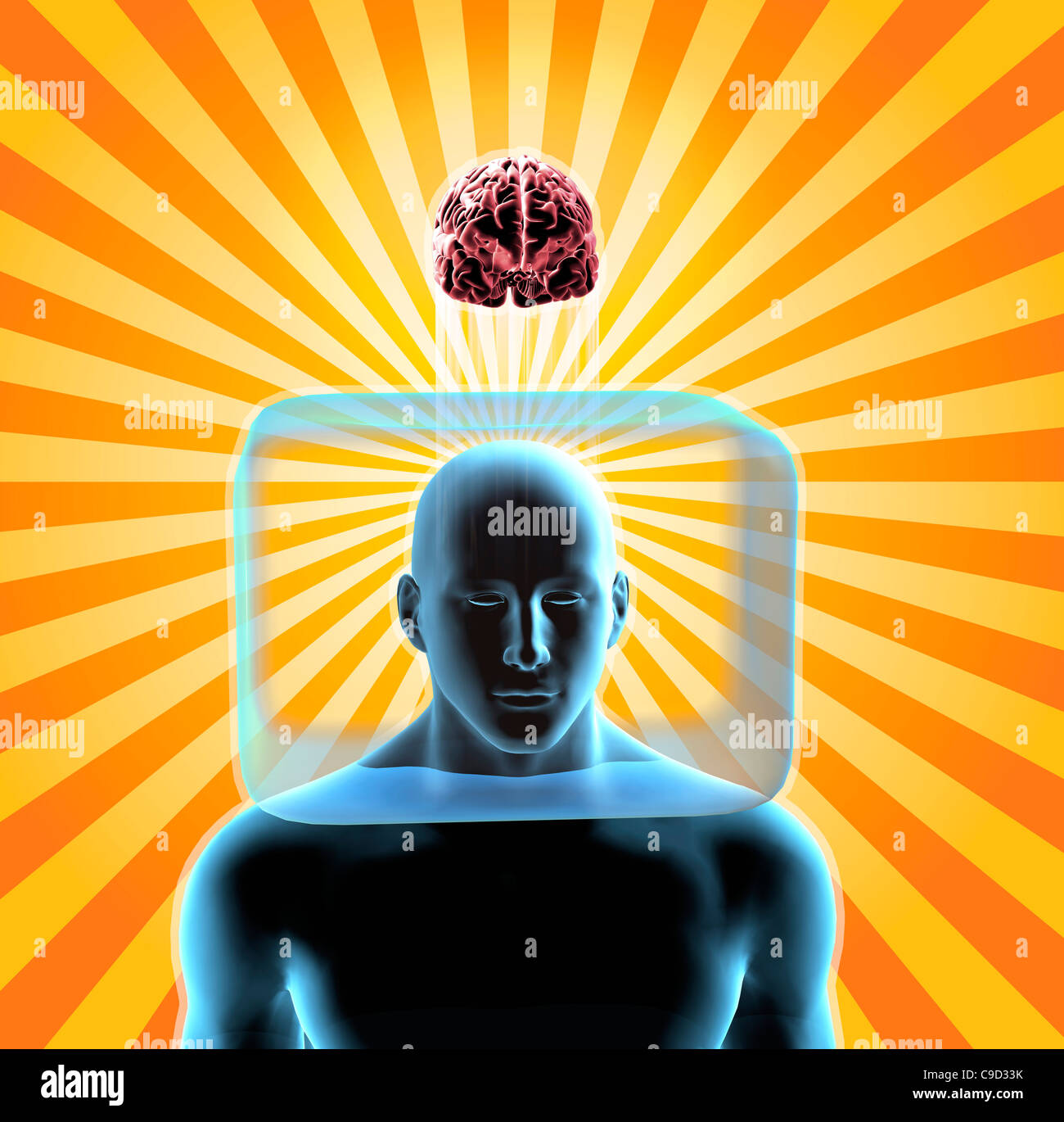 White shaded man with head inside box with brain is outside Stock Photo ...