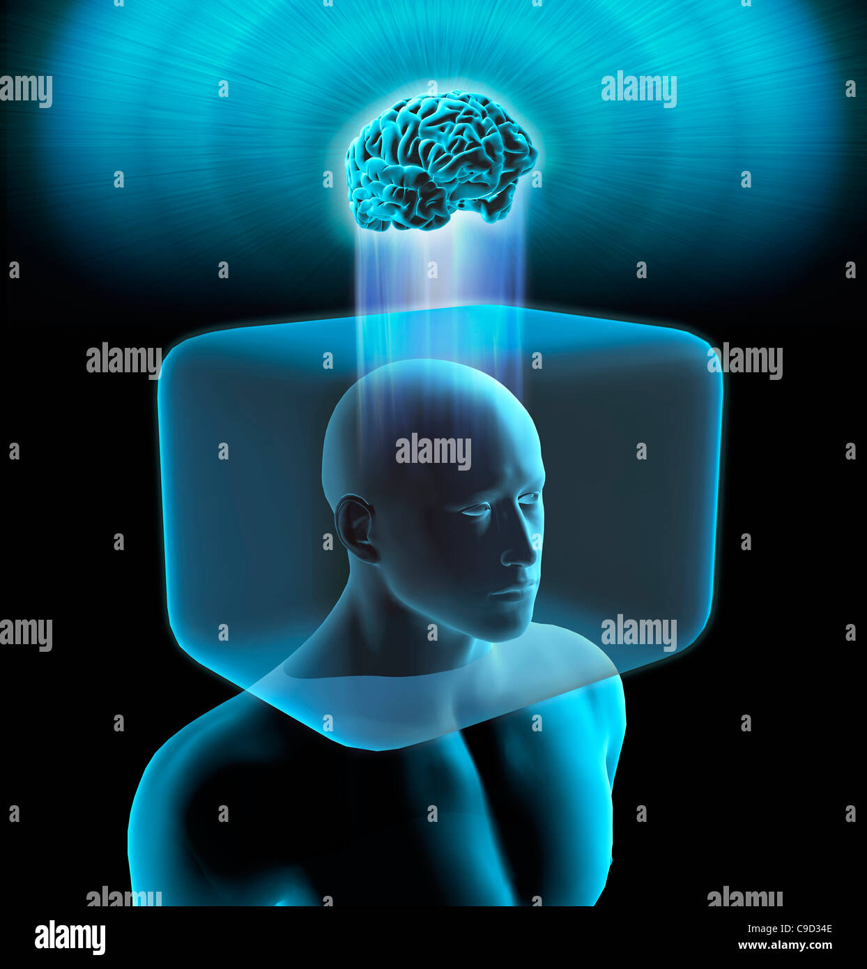 Blue man with head inside cage with brain is outside box and snow ...