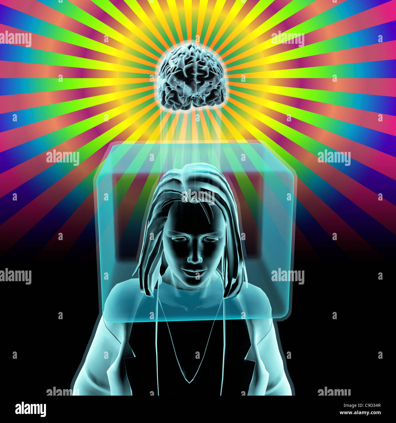 Woman with head inside box and brain outside box in radiant rainbow ...