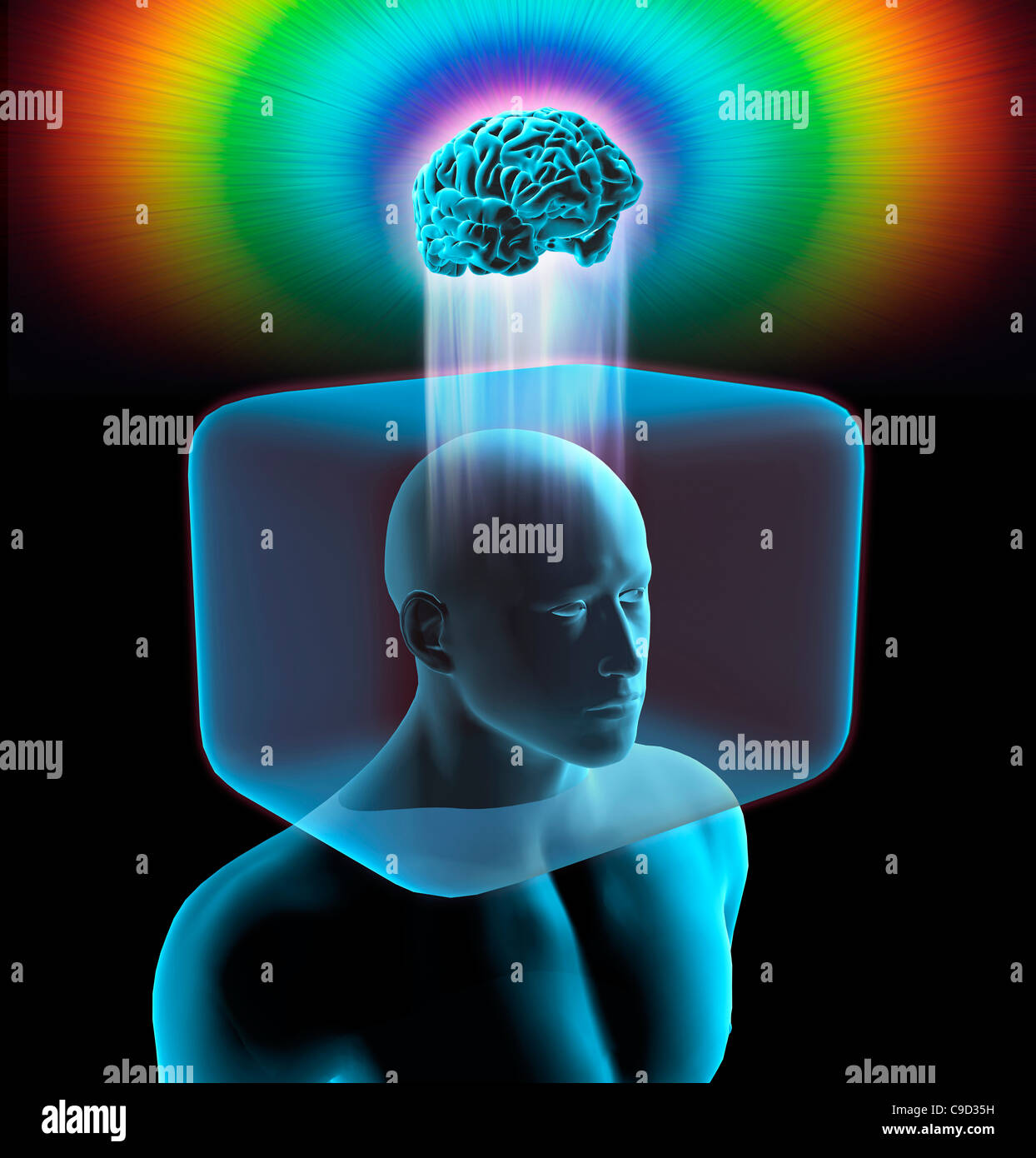 Blue Xray man with head inside box and brain outside in bright blue ...