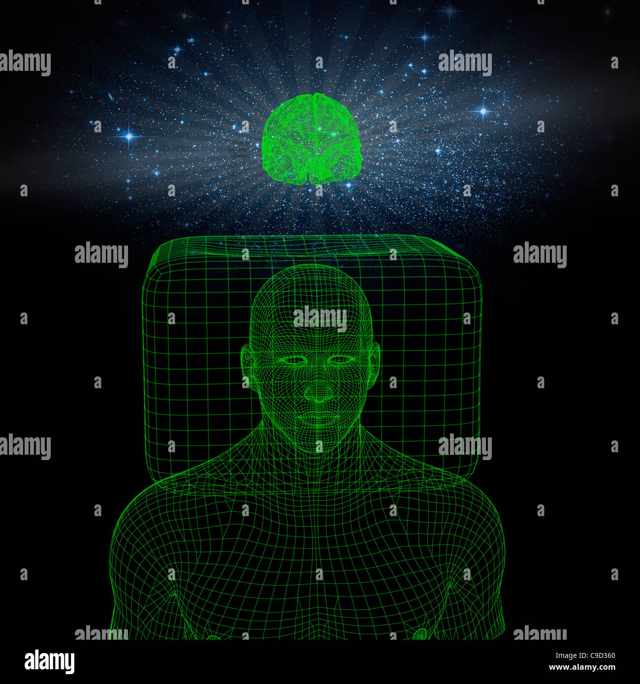 White shaded Woman with head inside box and pink tinted brain outside ...