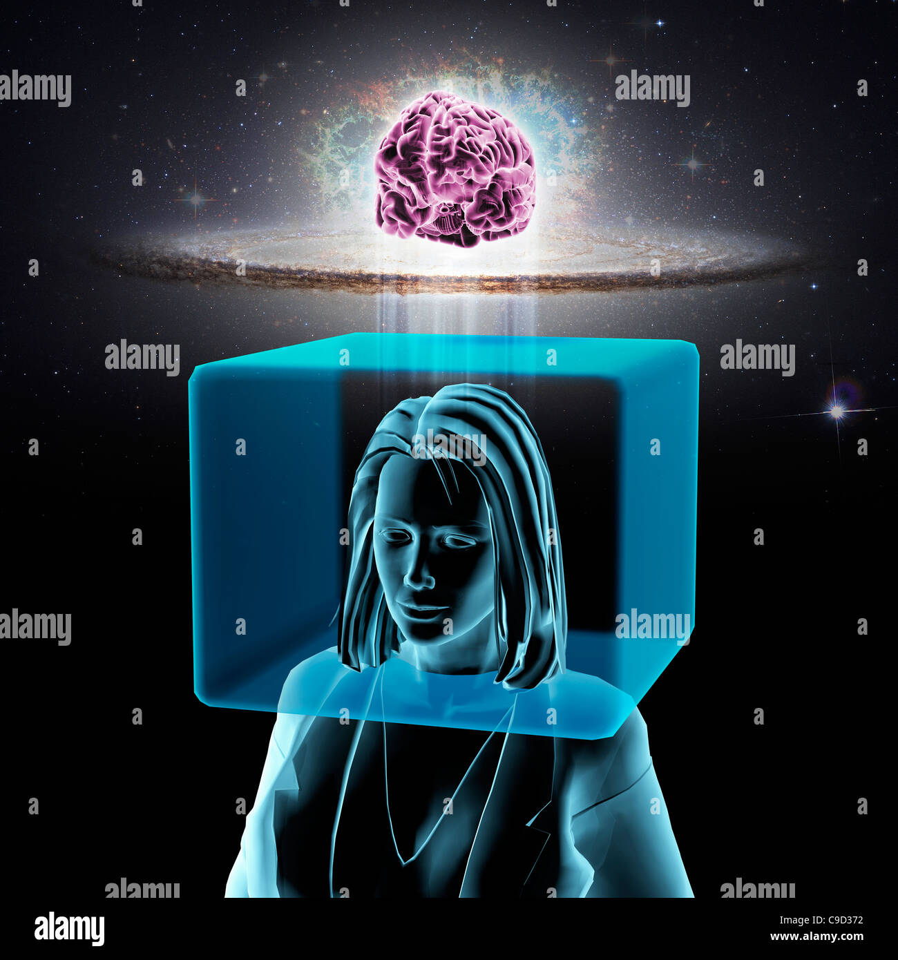 Woman with head inside box and brain outside box in outer space Stock ...