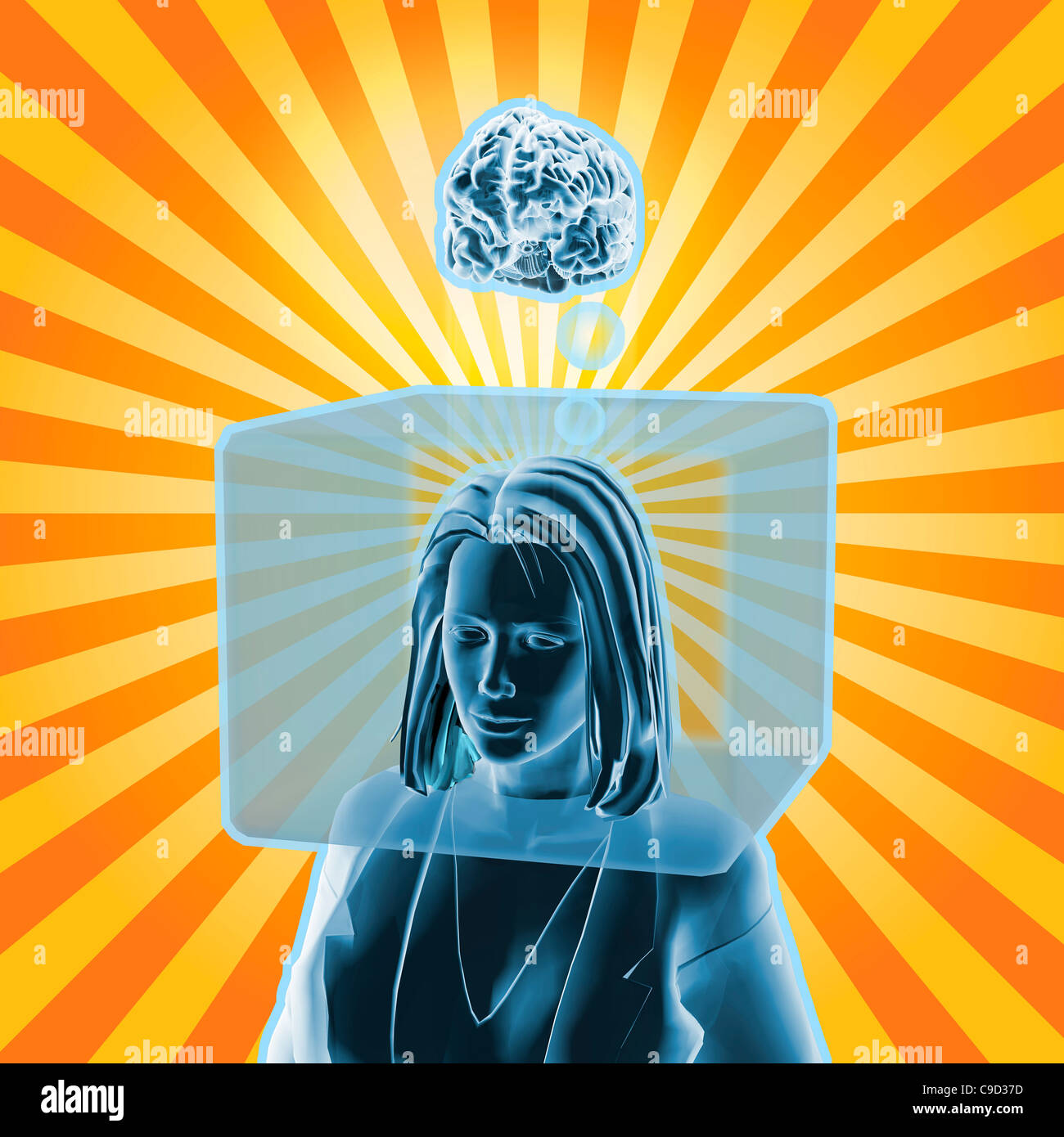 Woman with head inside box and brain outside box radiant orange stripes ...