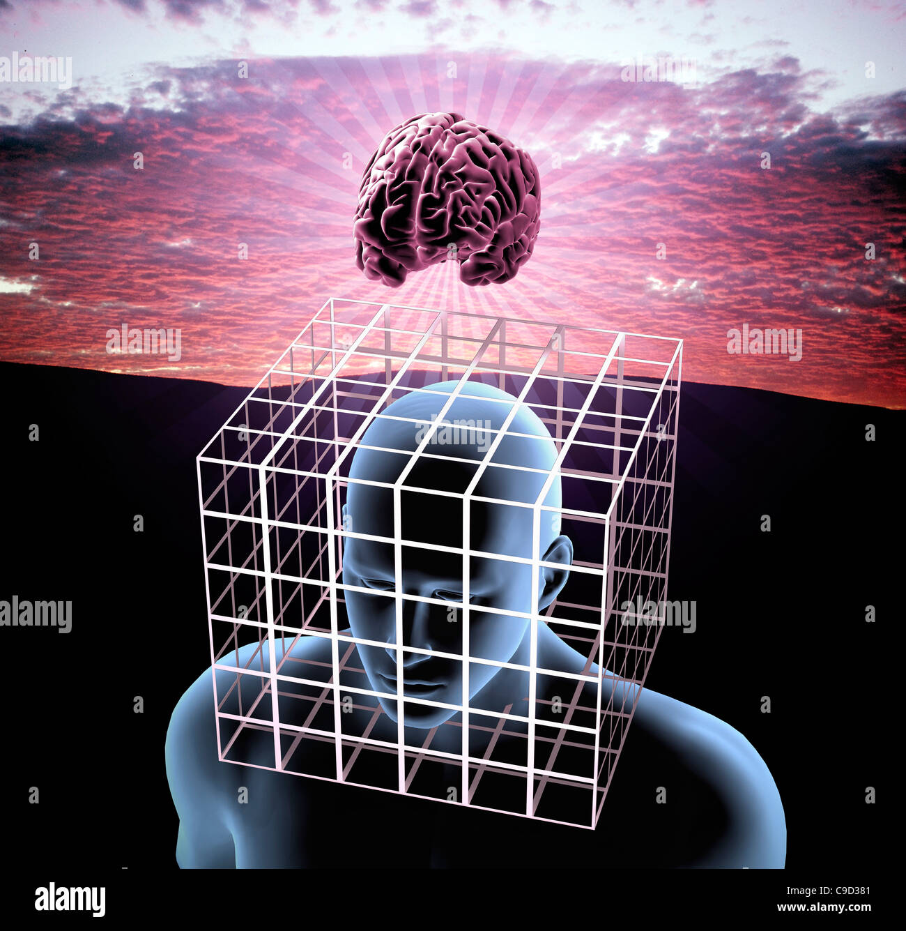 Man with head inside cage with brain outside in beautiful sunrise Stock ...