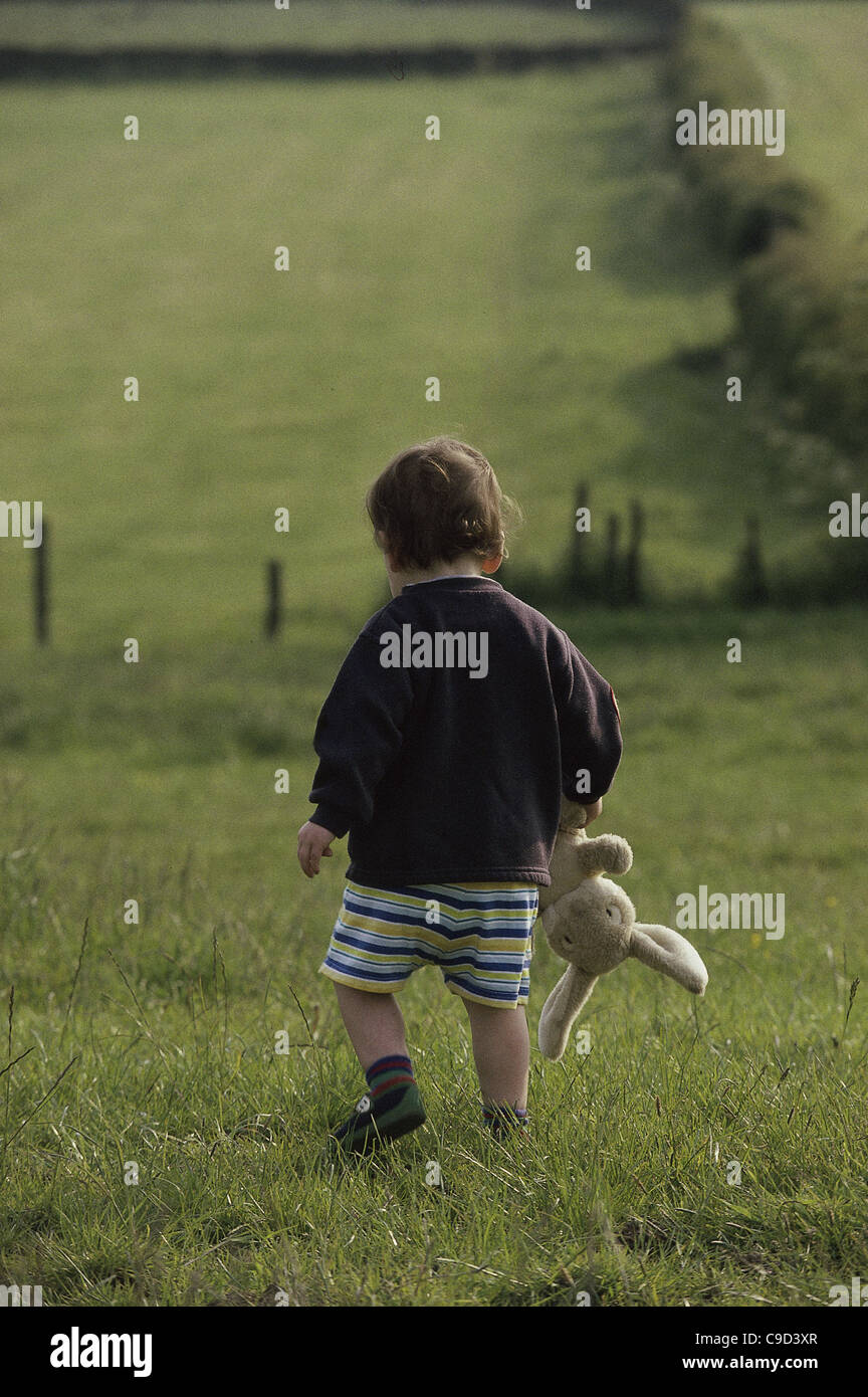Rear view of a baby boy carrying a teddy bear on a lawn Stock Photo - Alamy