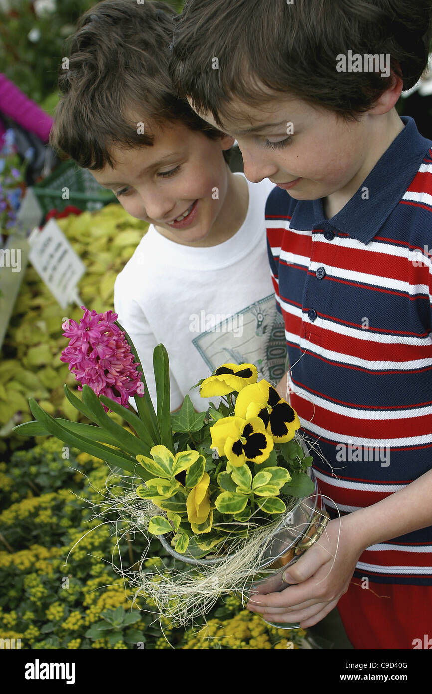 Two boys in a plant nursery Stock Photo - Alamy