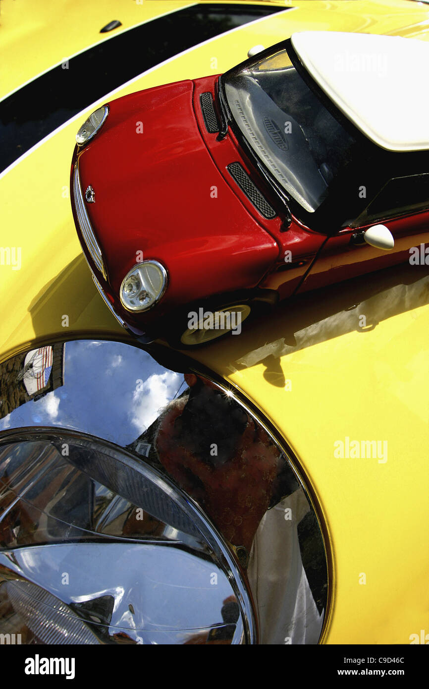 High angle view of the model of a car on the hood of a car Stock Photo ...